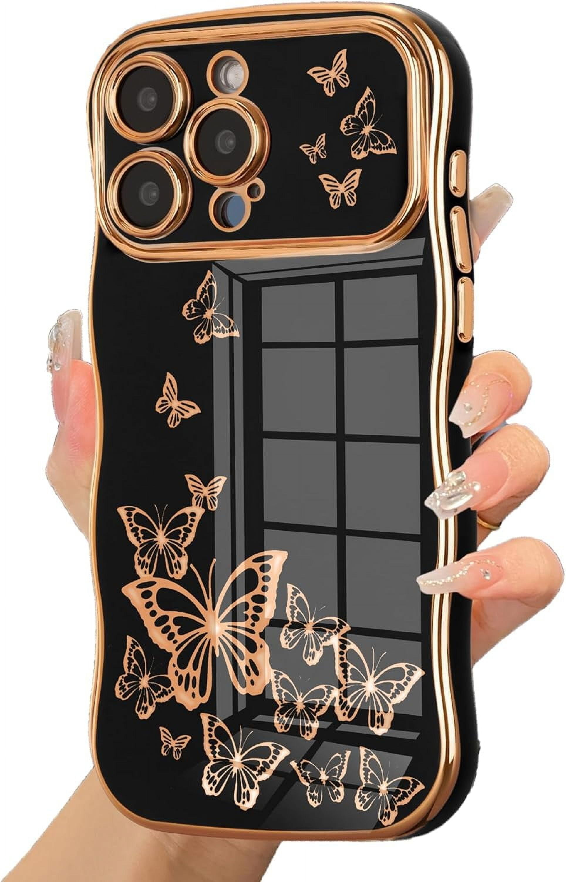 for iPhone 16 Pro Max Case for Girl Women, Cute Curly Wave Frame with Luxury Plating Butterfly ...