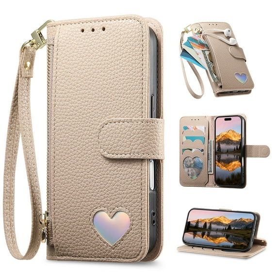 for iPhone 16 Pro Wallet Case, Built-in Card Holder Zipper Pocket Wrist ...
