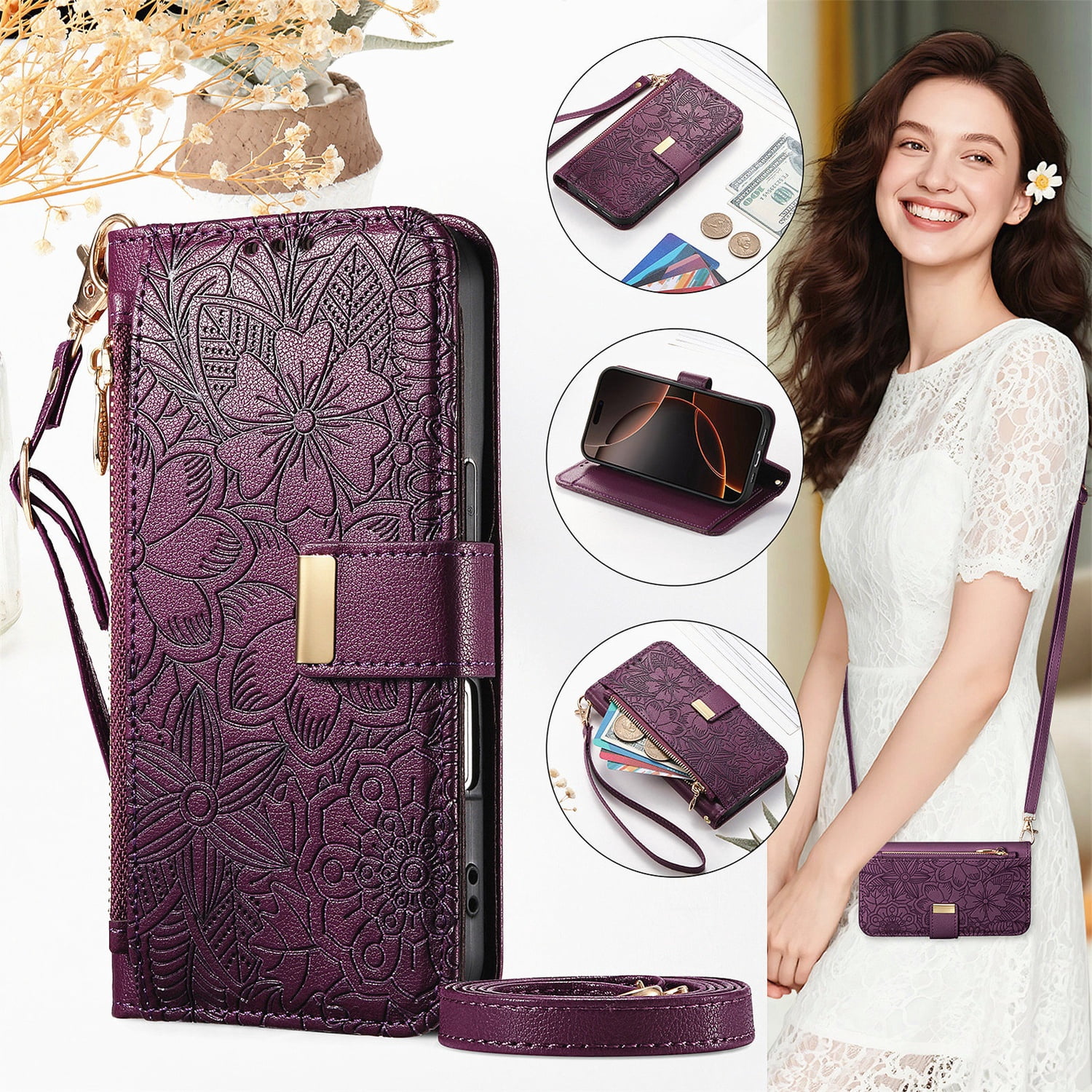 For iPhone 16e Wallet Case Cash Pocket Zipper Slot【RFID Blocking】Flip ...