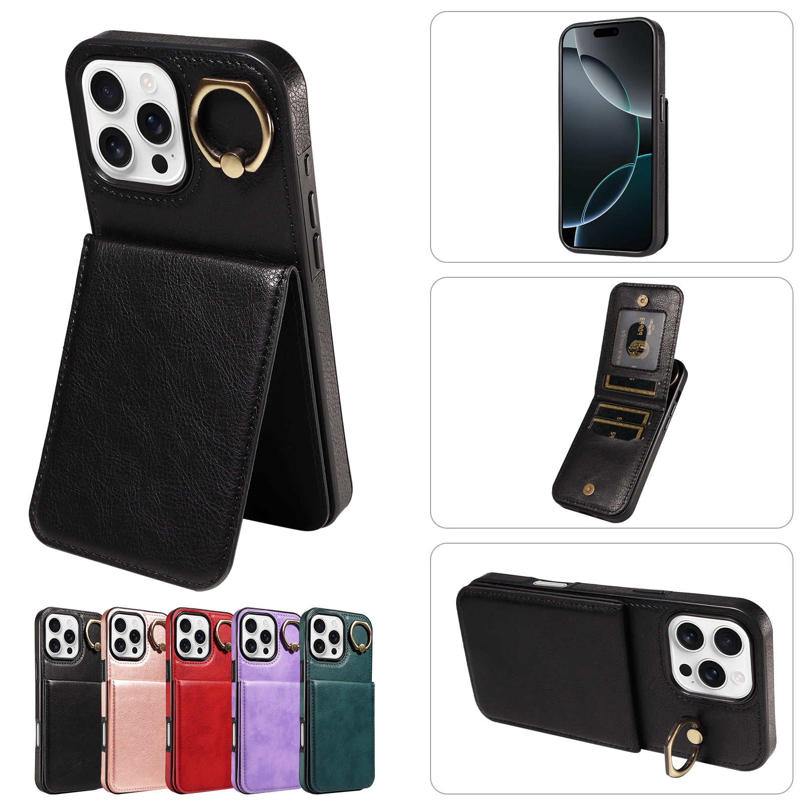 For iPhone 17 Pro Max Wallet Case with Card Holder, 360° Rotation Ring ...