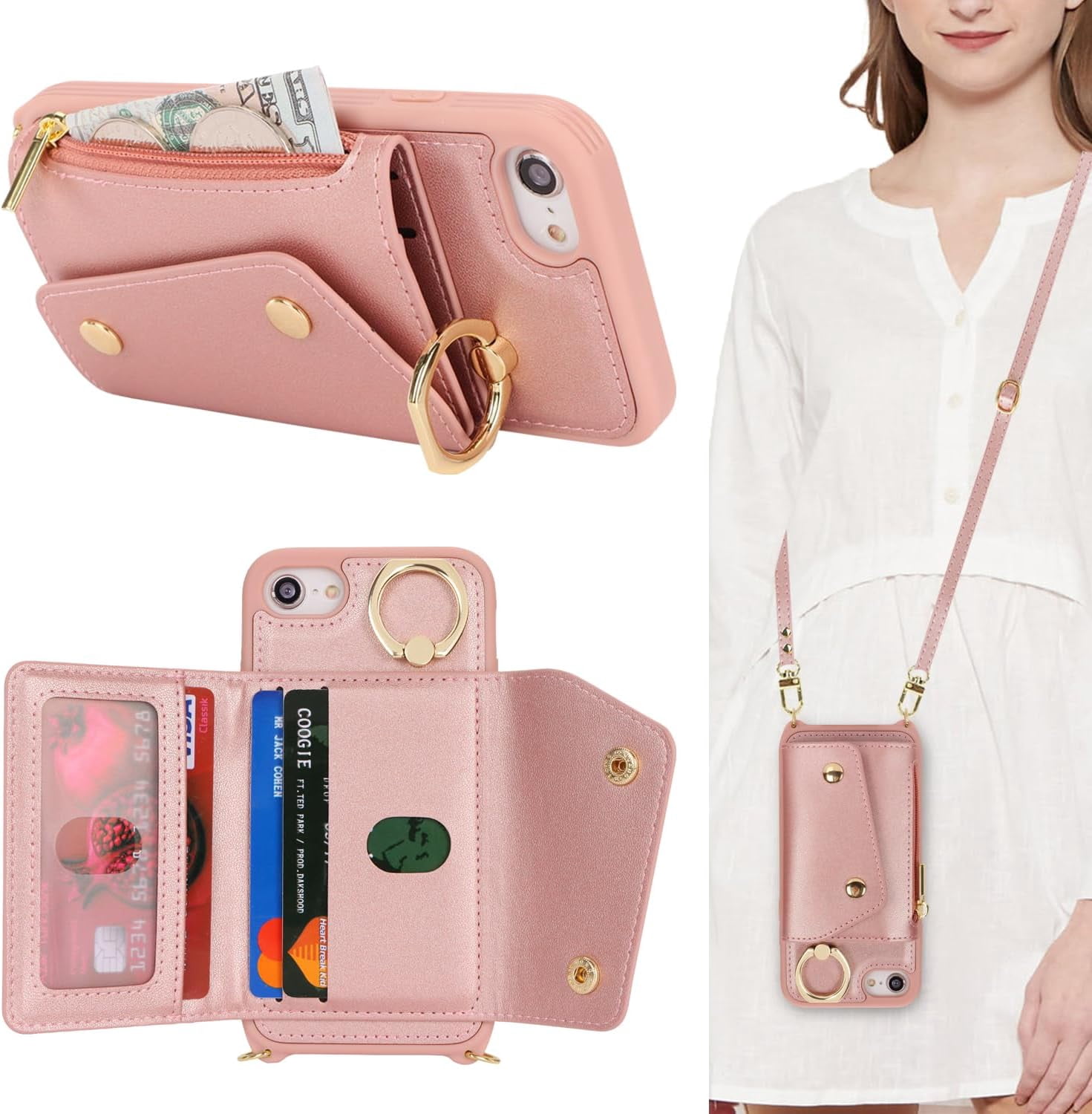 for iPhone 7/8/SE2020/SE2022 Case with Card Holder and Strap - Zipper ...