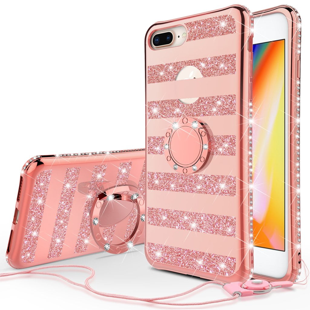 iPhone 7 Plus Case iPhone 8 Plus Case Glitter Cute Phone Case Girls Kickstand Bling Diamond Rhinestone Bumper Ring Stand Protective Pink iPhone 7 Plus 8 Plus Case for Girl Women