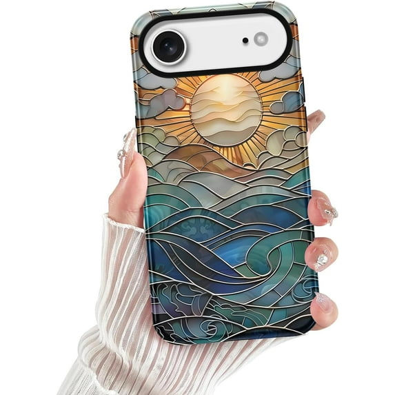for iPhone Air Stained Glass Phone Case 6.5", Aesthetic Sun Beach Ocean ...
