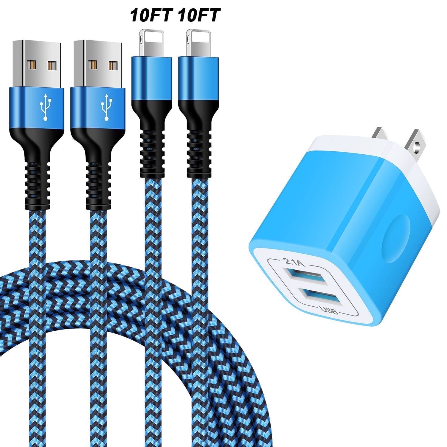 Compatible for iPhone Charger, 2 Pack 10FT USB Light-ning Cable+2 Port ...