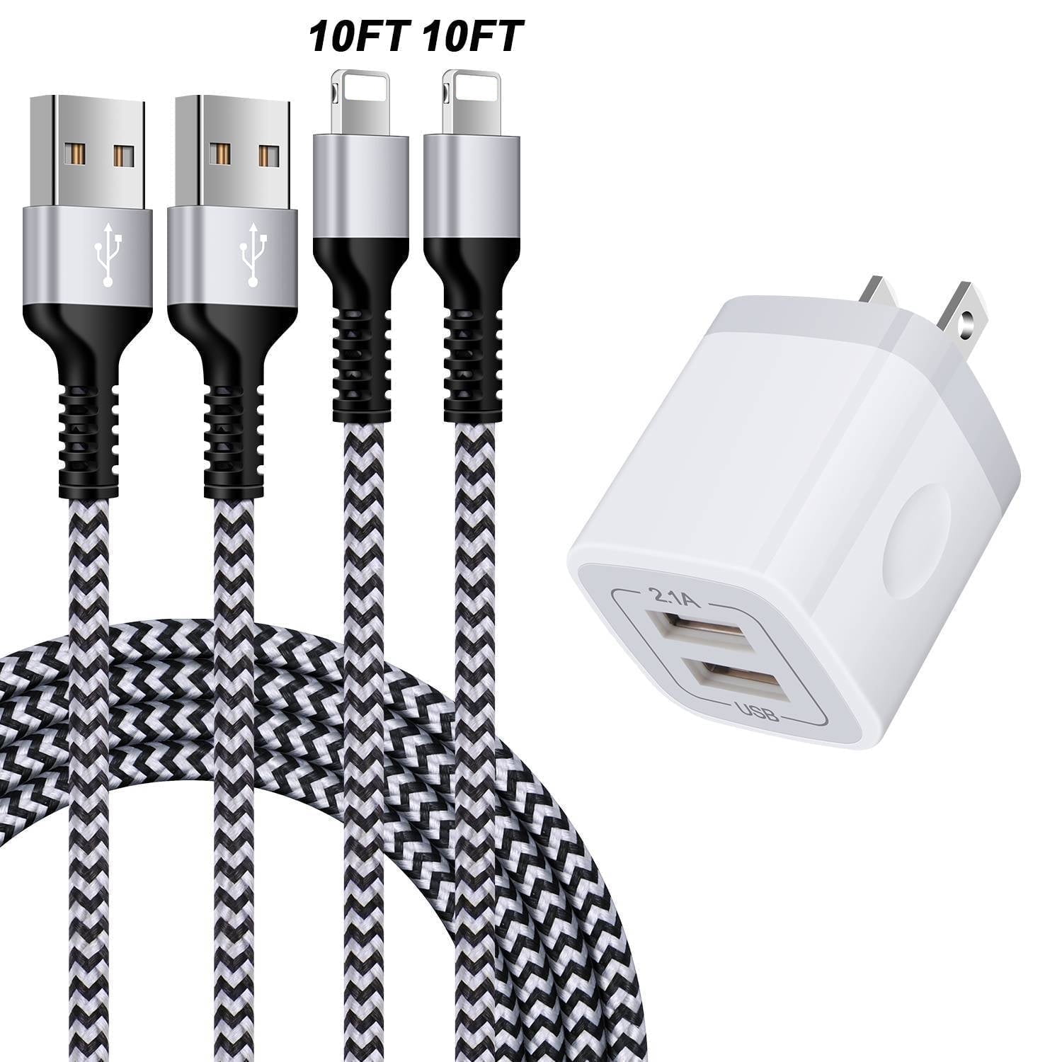 Compatible for iPhone Charger, 2 Pack 10FT USB Light-ning Cable+2 Port ...