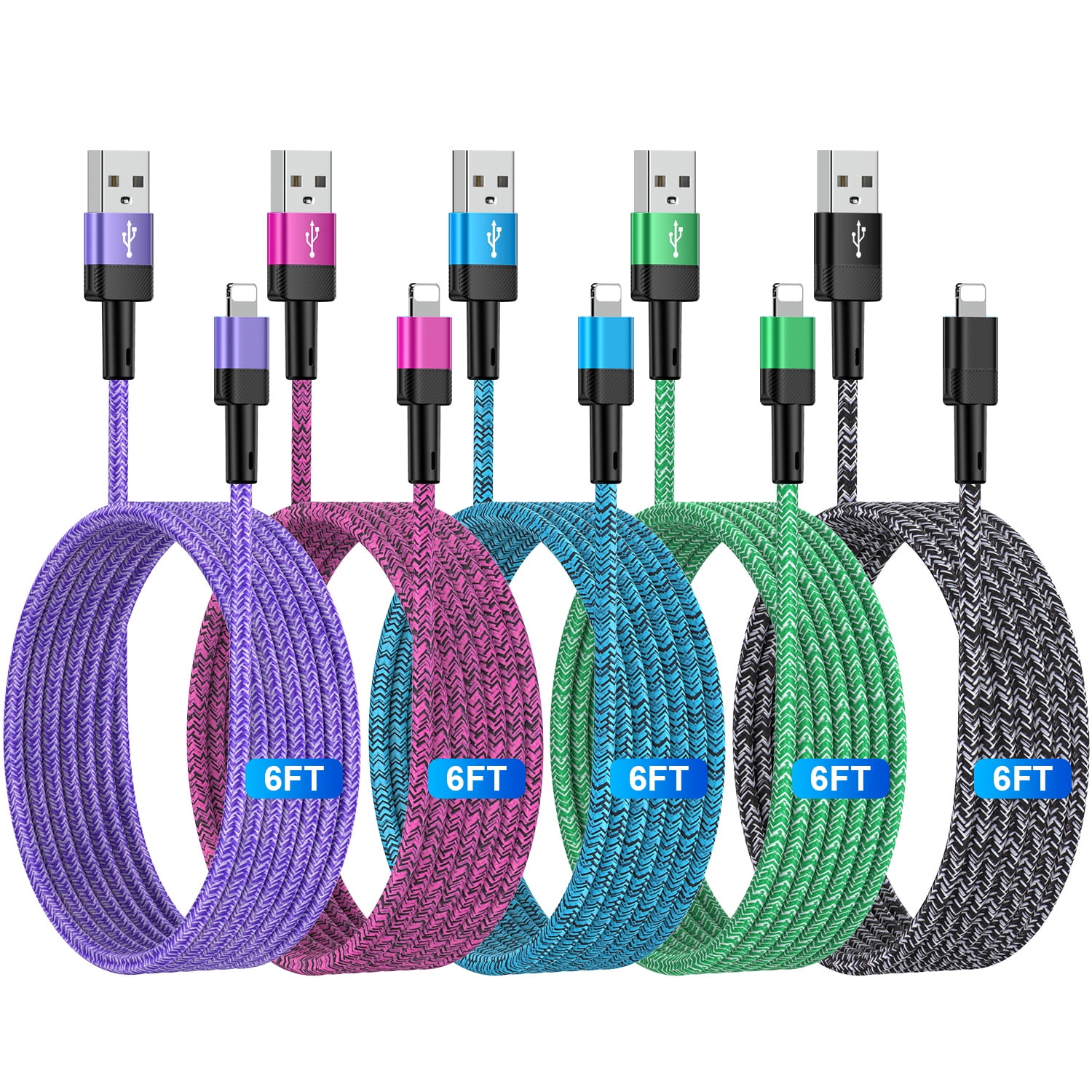 iPhone Charger Cable,Zacenei 5Pack Nylon Braided USB A to Lighting ...