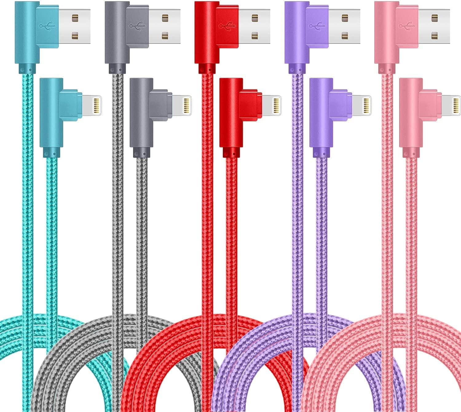 APFEN Extra Long 6FT Heavy Duty iPhone Charger Cord, 5 Pack Right Angle ...