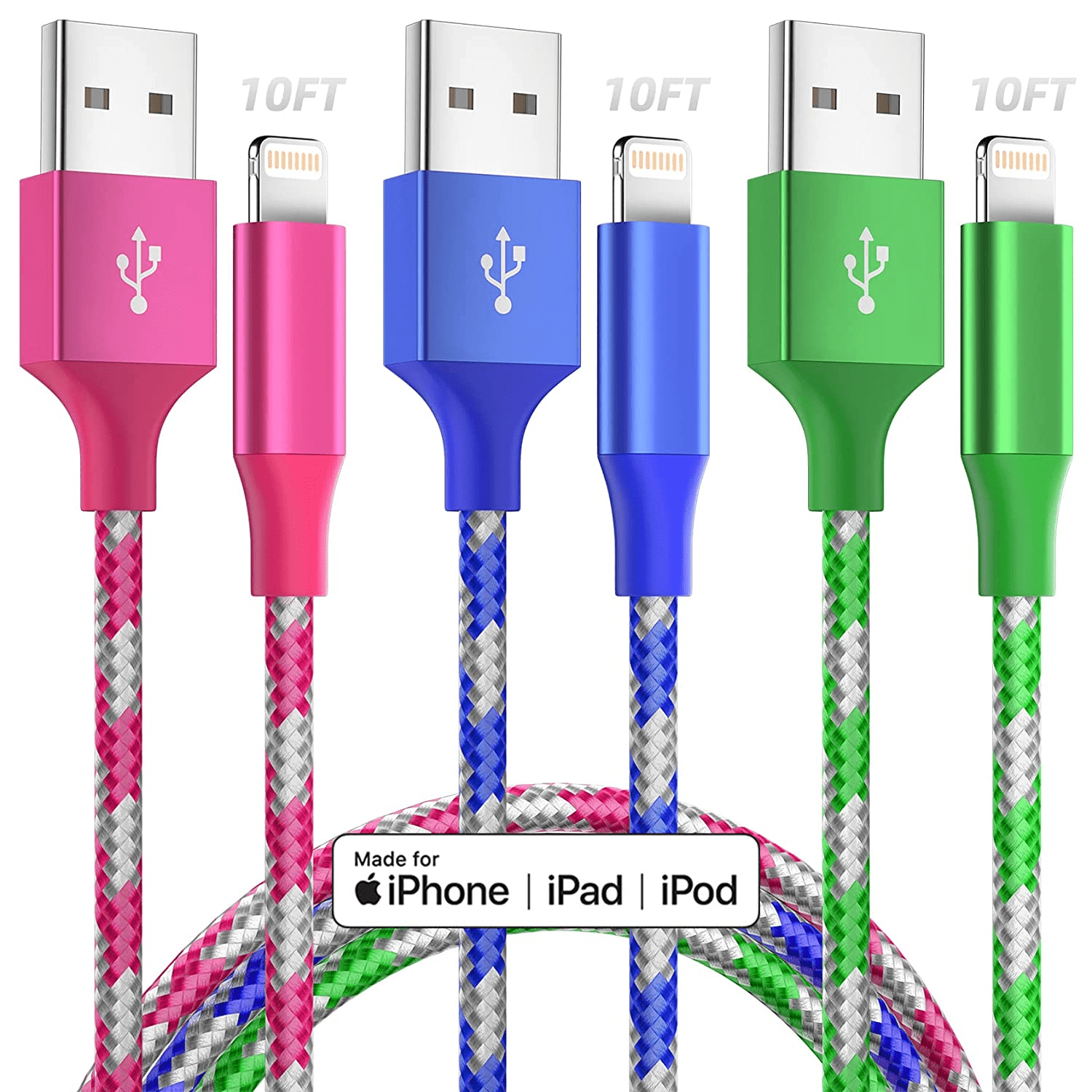 3 Pack 10ft iPhone Charger Fast Charging Nylon Braided Lightning Cable ...