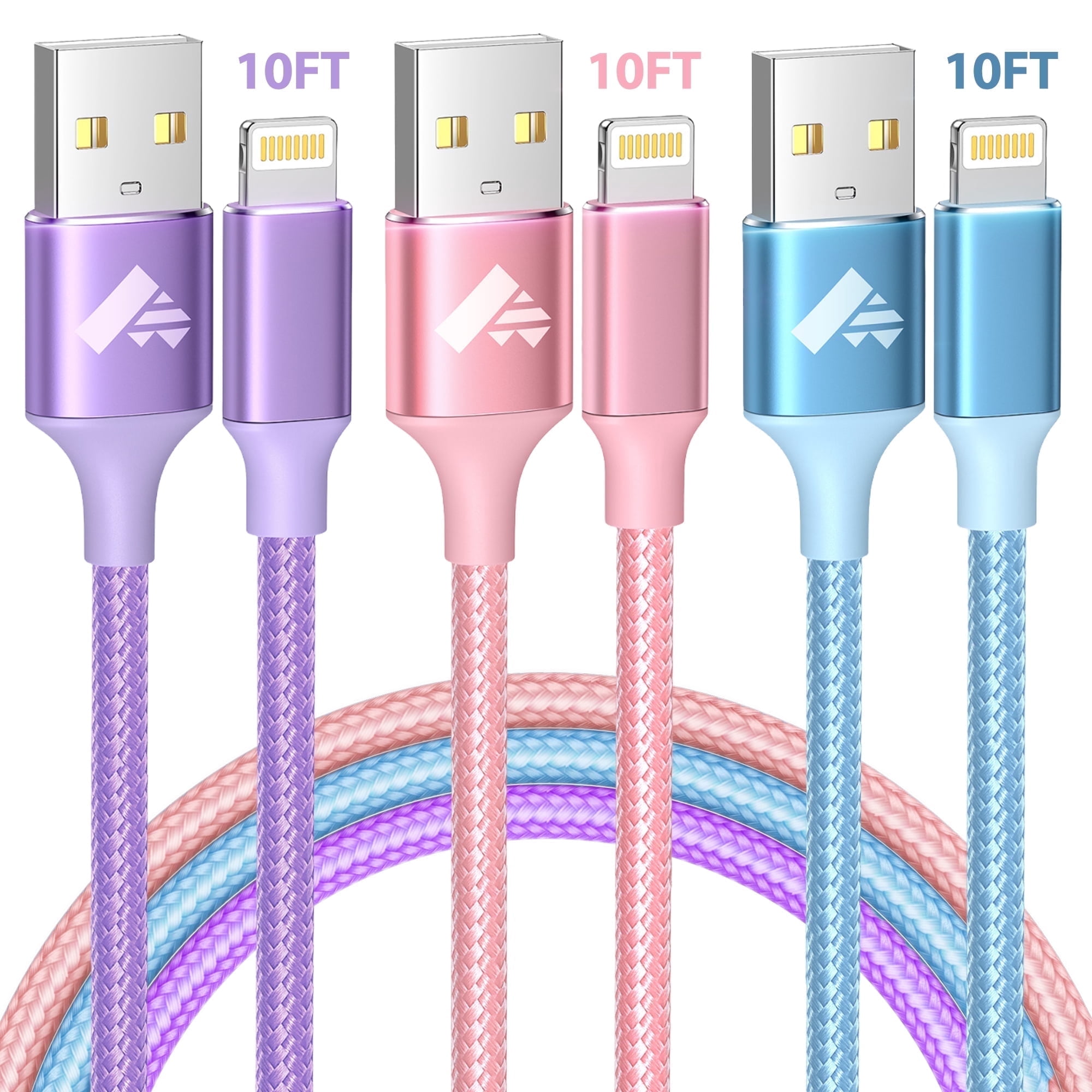 XUDUO 10FT iPhone Charger, 3 Pack Nylon Braided Fast Charging Cable ...