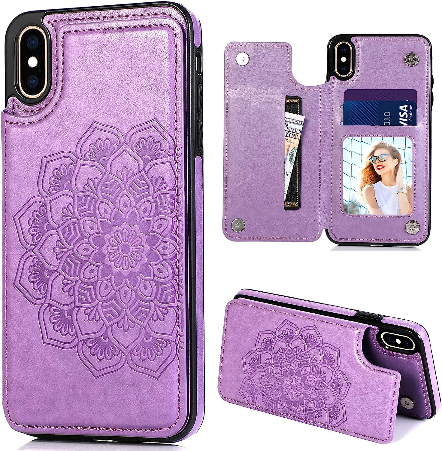 for iPhone X/iPhone Xs Case with Card Holder,PU Leather Mandala Emboss ...