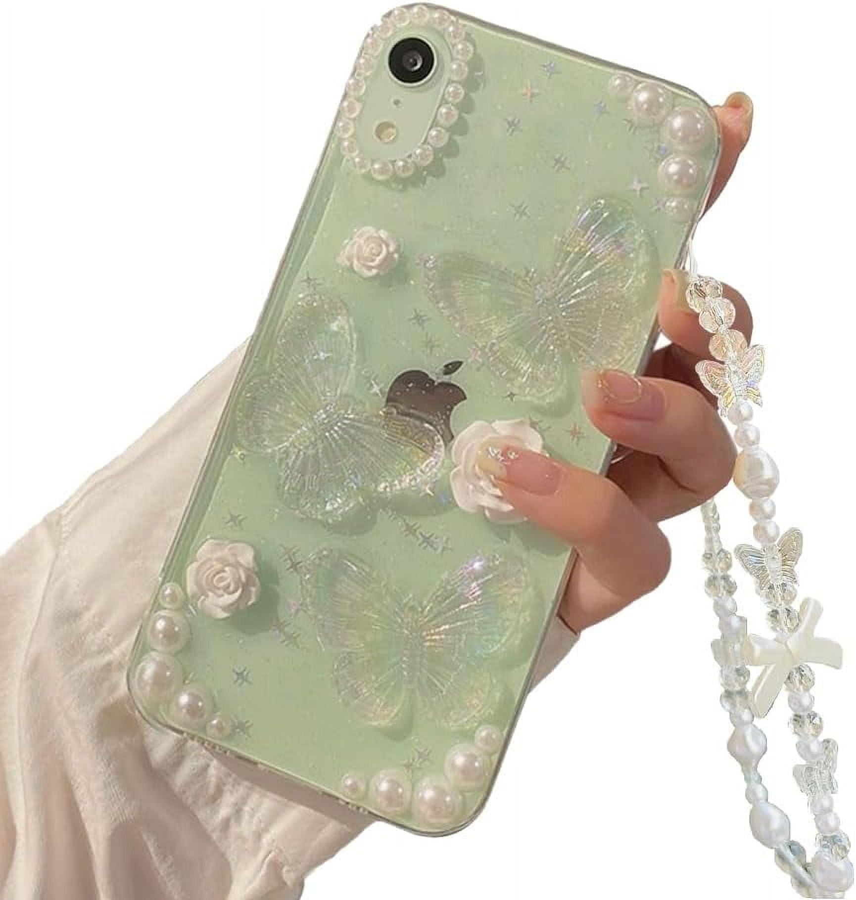 for iPhone XR Case with Phone Charm Chain,3D Butterfly Flower Pearl ...