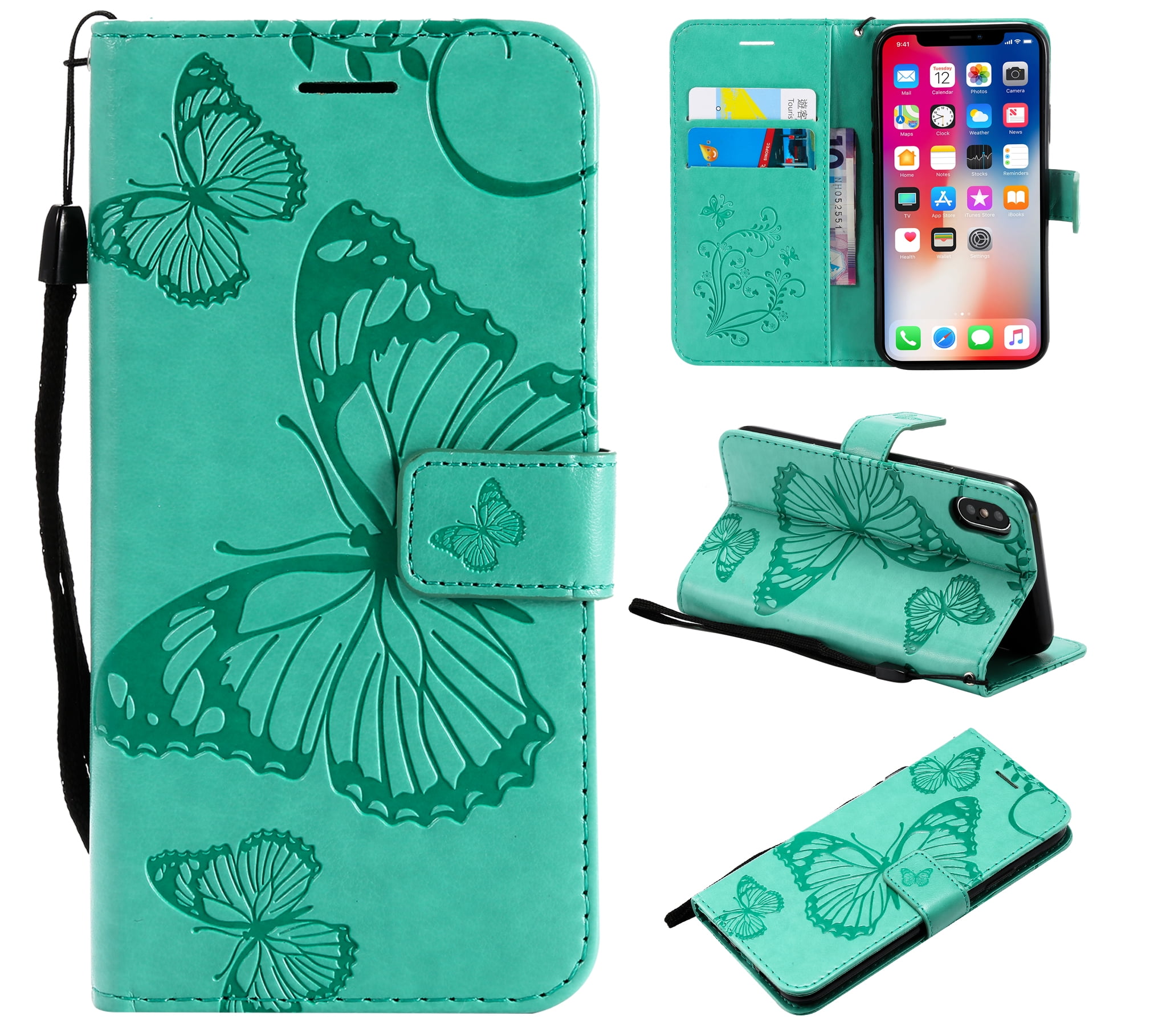 iPhone XR Wallet case, Allytech Pretty Retro Embossed Butterfly Flower ...