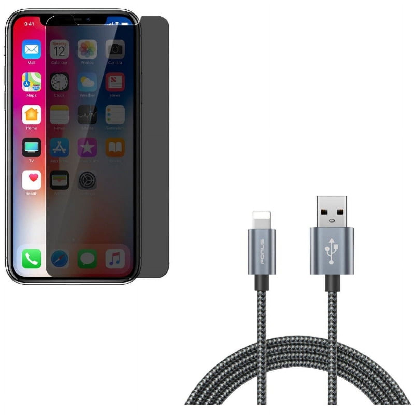iPhone XS/X - Charger Cord 10ft USB Cable w Tempered Glass Privacy ...