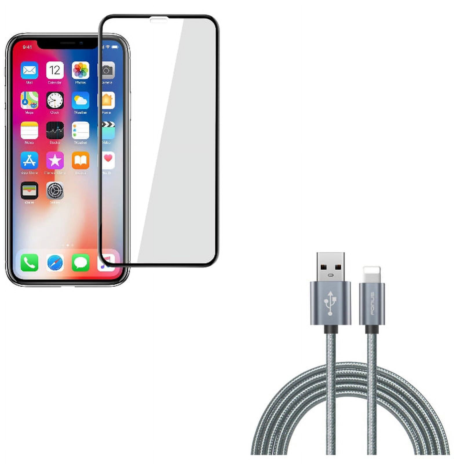 iPhone XS/X - Tempered Glass Screen Protector w Charger Cord 10ft USB ...