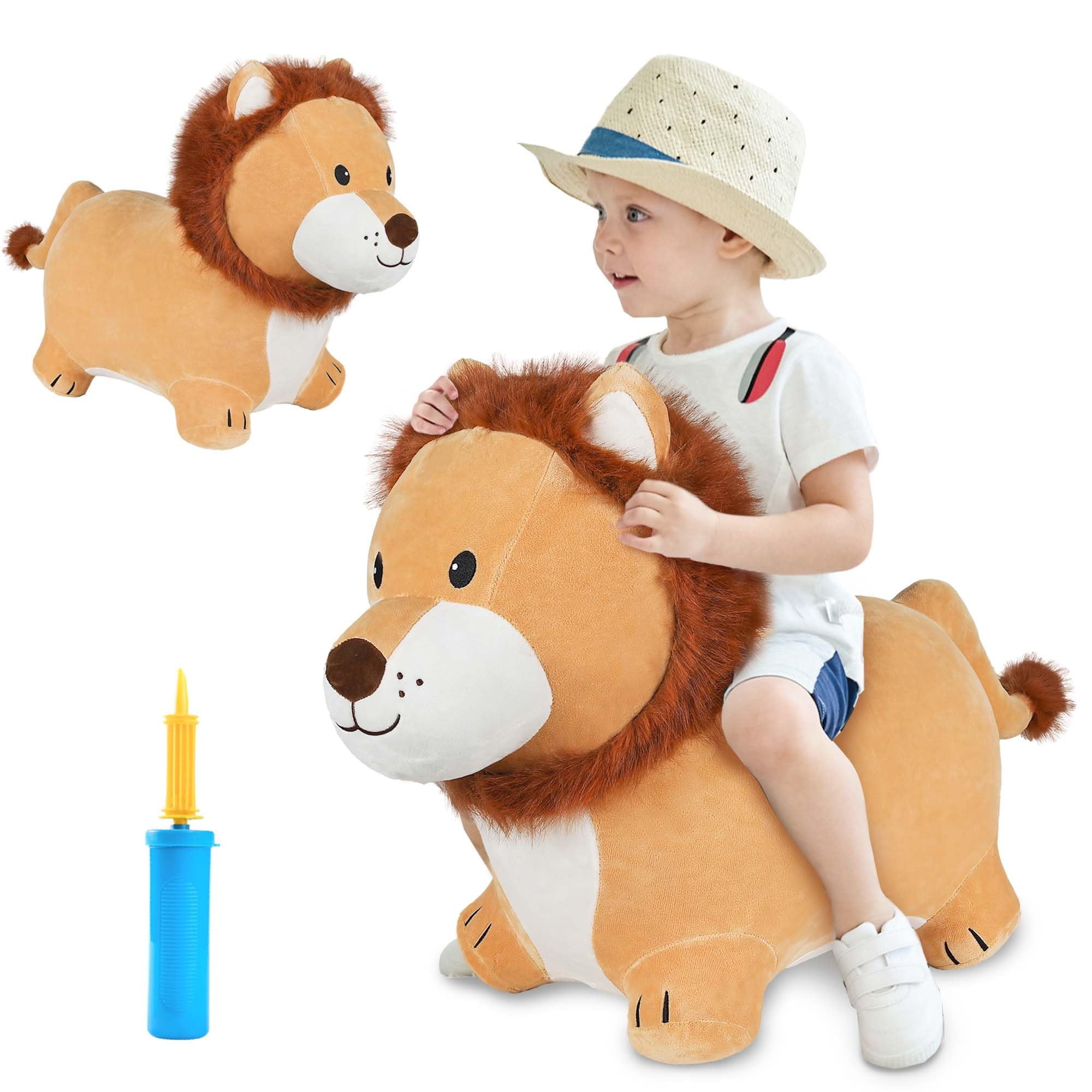 iPlay, iLearn Bouncy Pals Lion Hopper Toy, Toddler Bouncing Animal, Inflatable Ride on Bouncer W ...