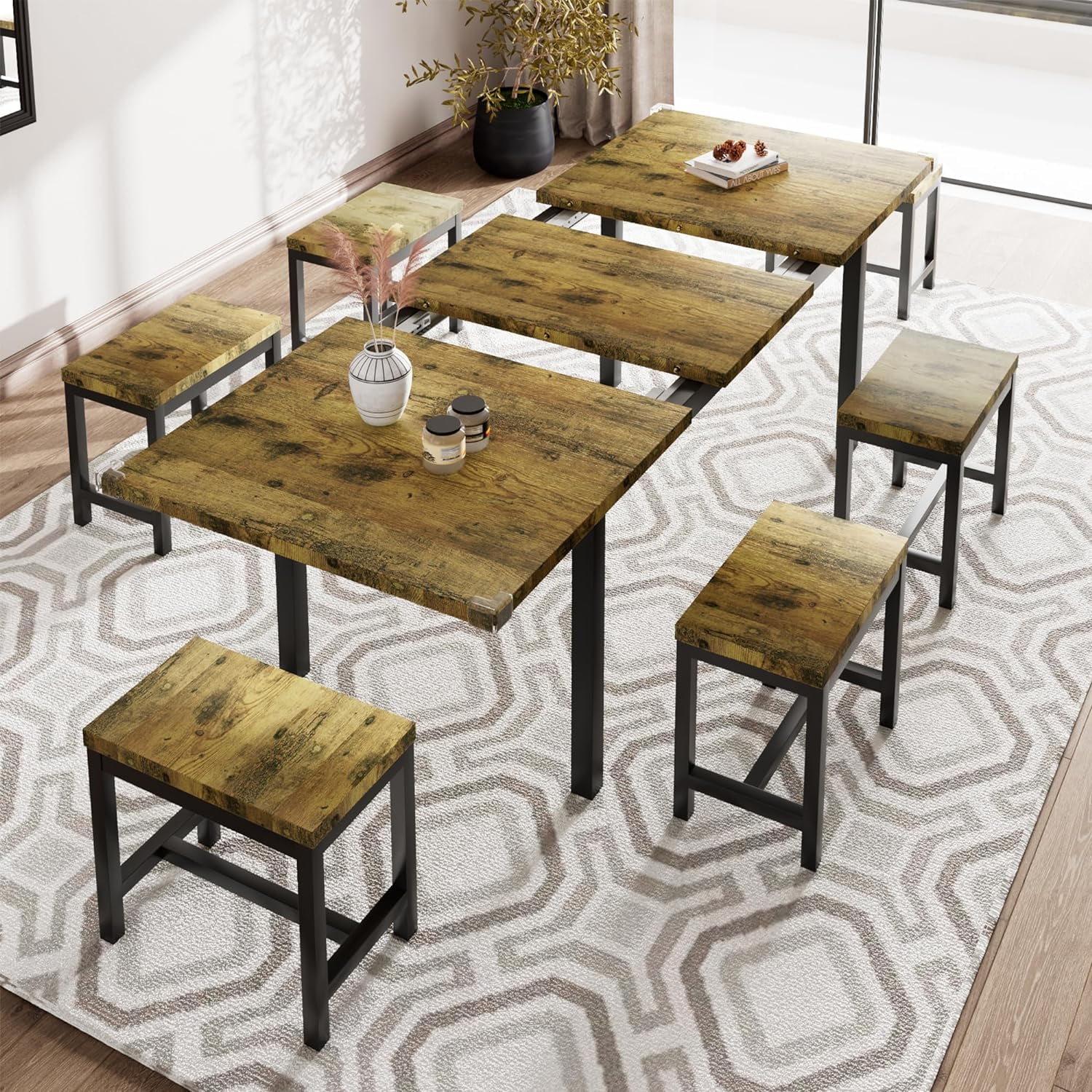 iPormis 7-Piece Dining Table Set with 6 Stools, 63" Extendable Kitchen ...
