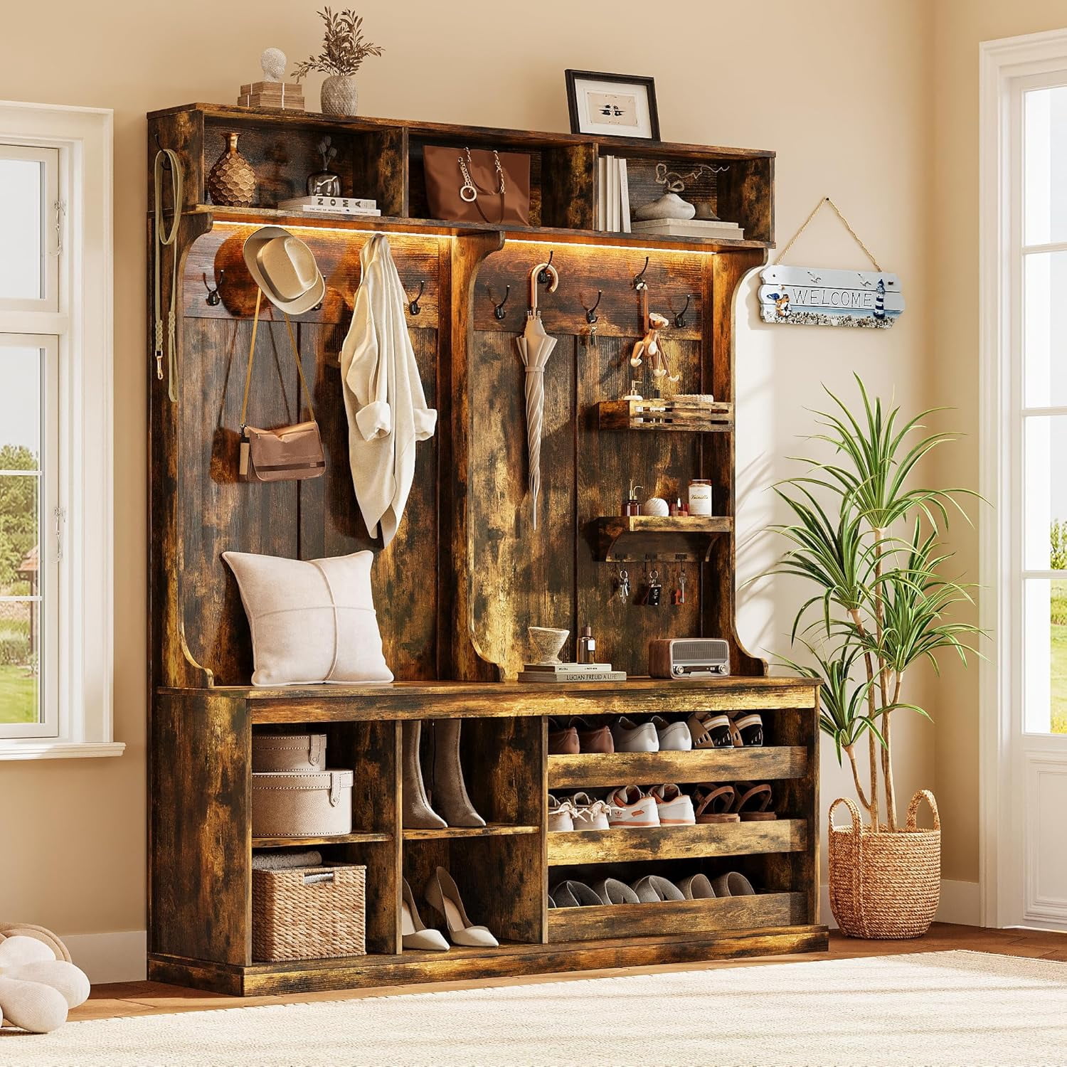 iPormis 70“ Large Hall Tree with Bench and Adjustable Storage Shelves ...