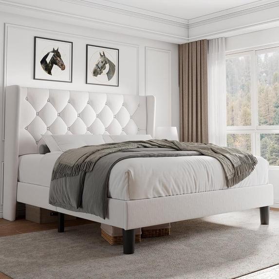 iPormis Full Size Bed Frame with Diamond Button Tufted Wingback ...