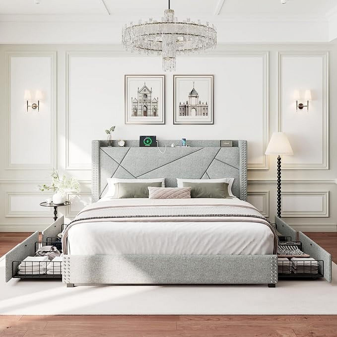 iPormis King Bed Frame with Charging Station & Wingback Upholstered ...