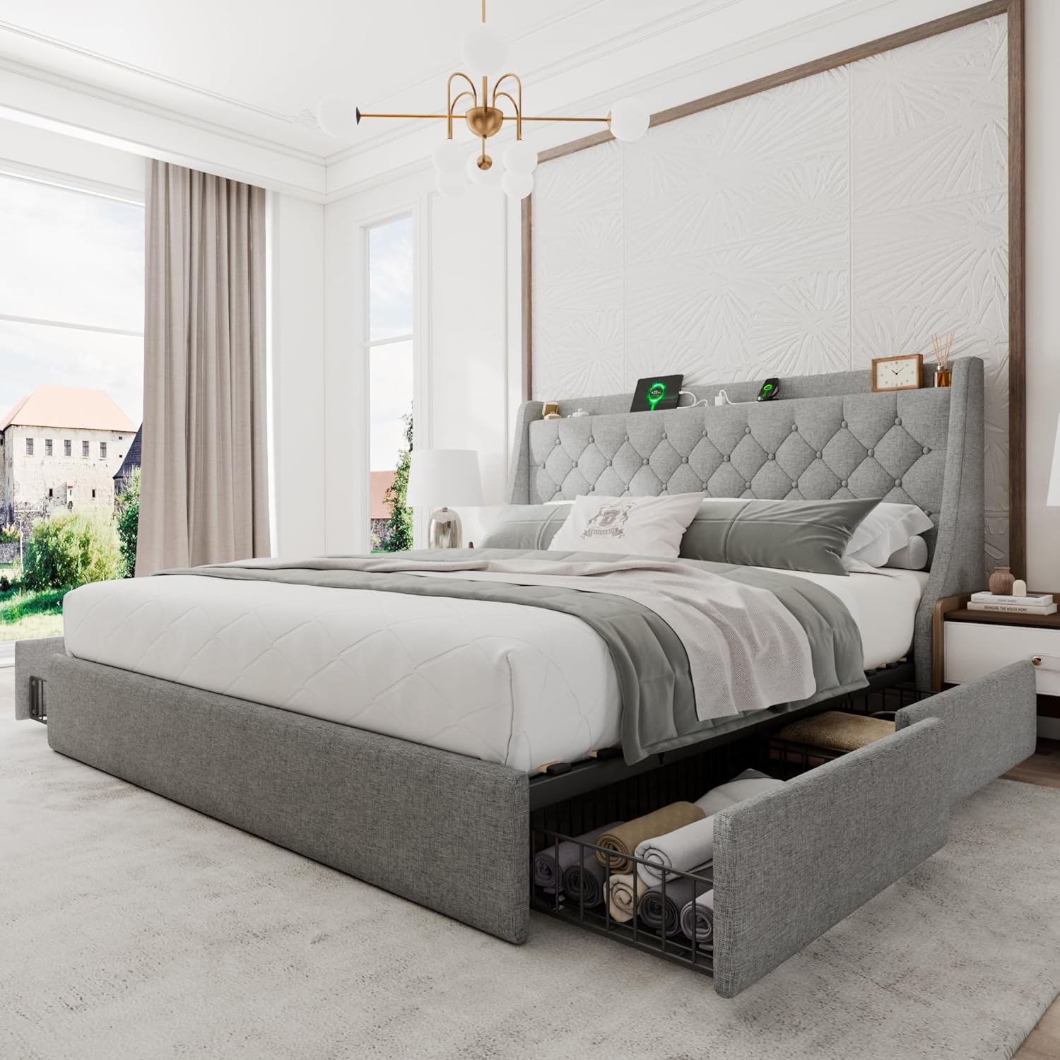 iPormis King Size Bed Frame with 7 Storage Drawers, Upholstered ...