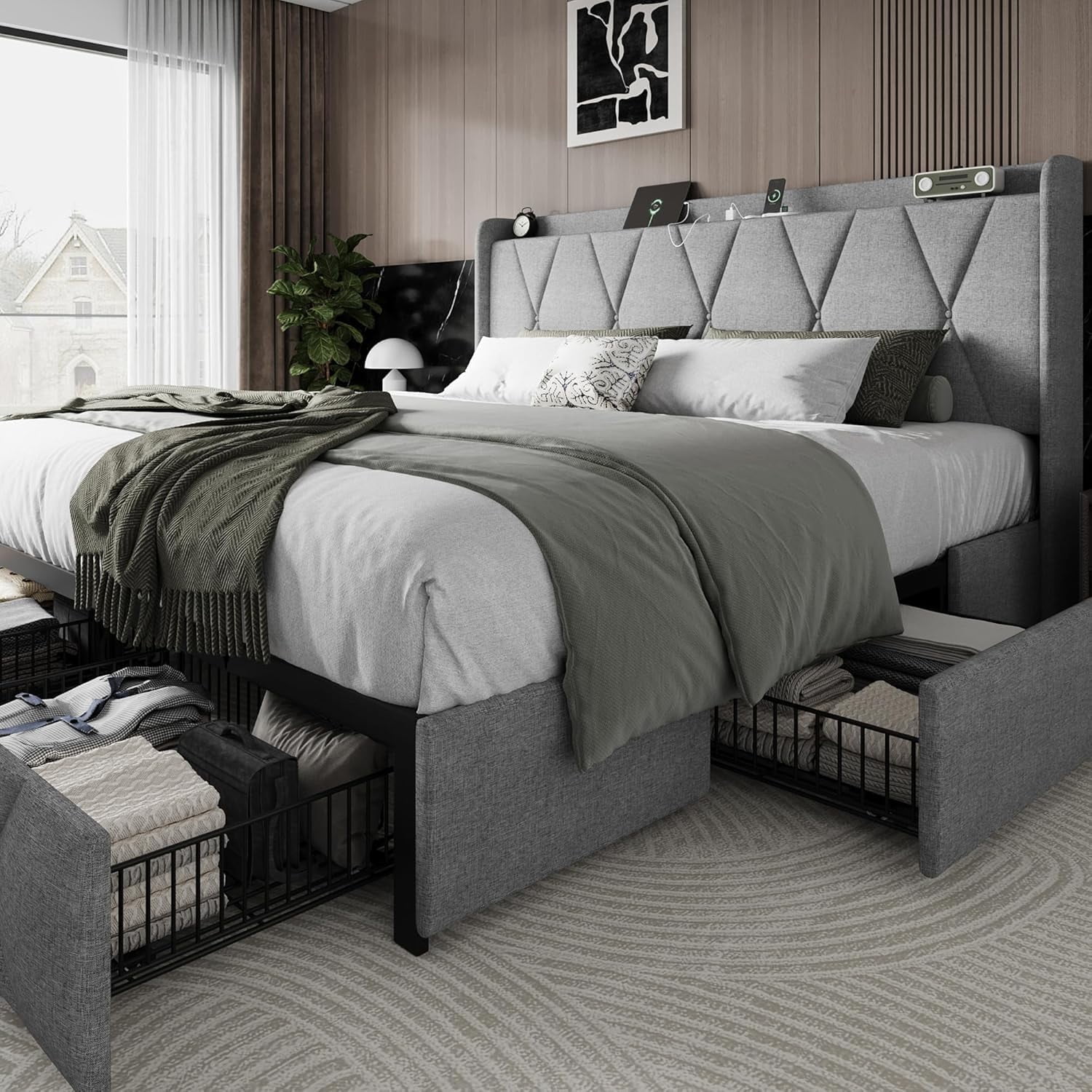 iPormis King Size Bed Frame with Charging Station , Upholstered Bed ...