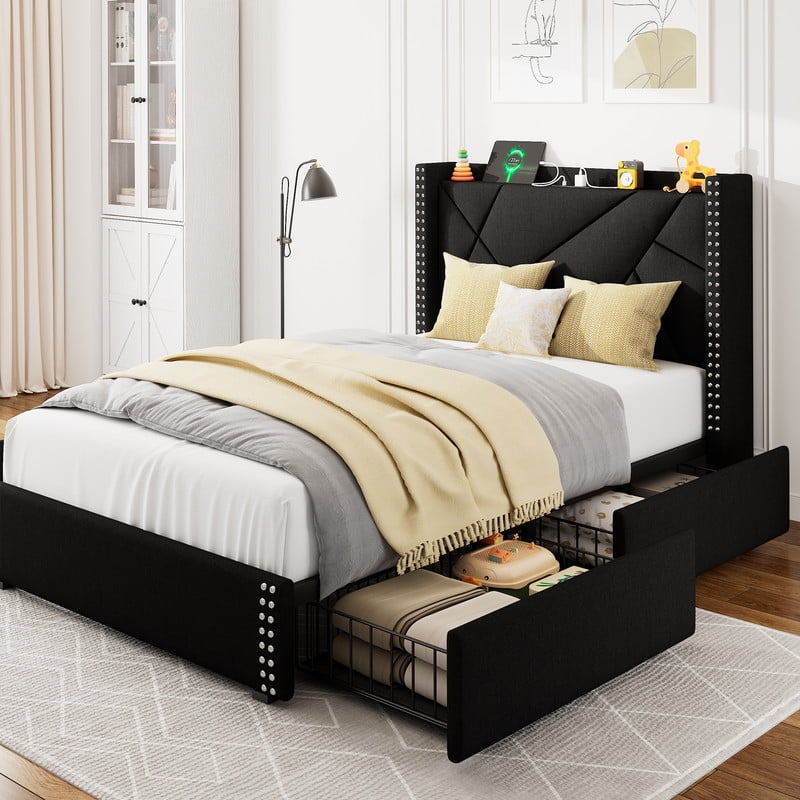 iPormis Twin Bed Frame with Charging Station & Wingback Upholstered ...