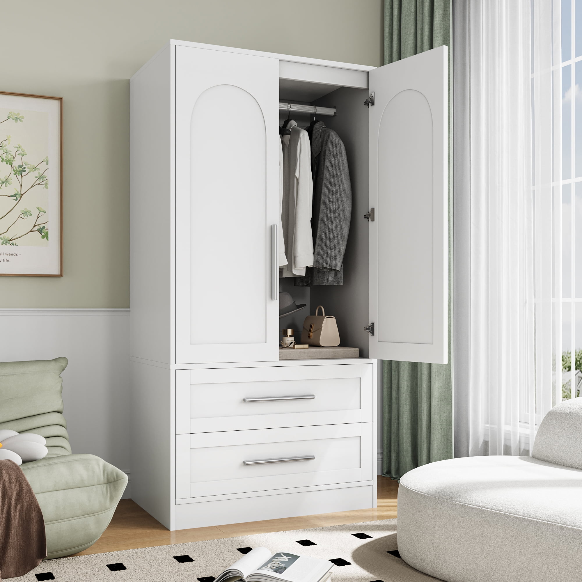 iPormis Wooden Armoire Wardrobe Closet with 2 Drawers, Clothing Storage ...