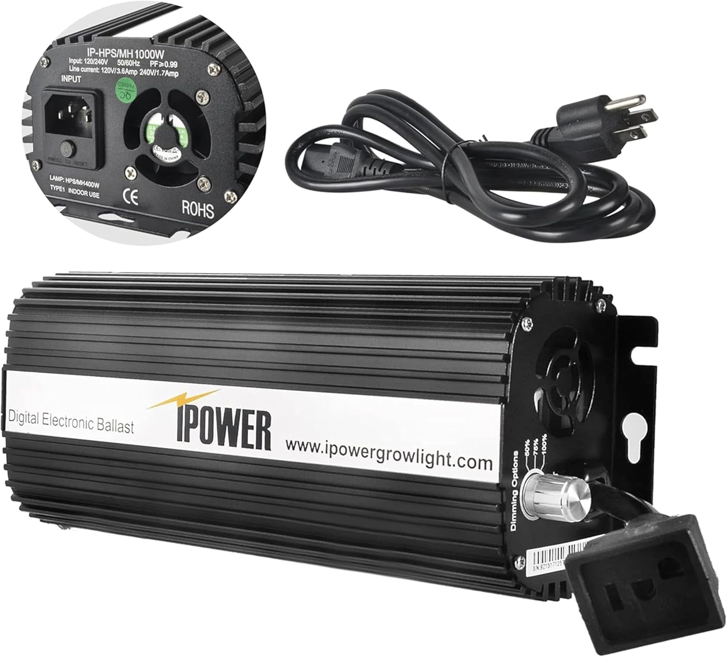iPower 1000W Ballast, for Hydroponic HPS MH Grow Light System, Digital Dimmable Electronic ...