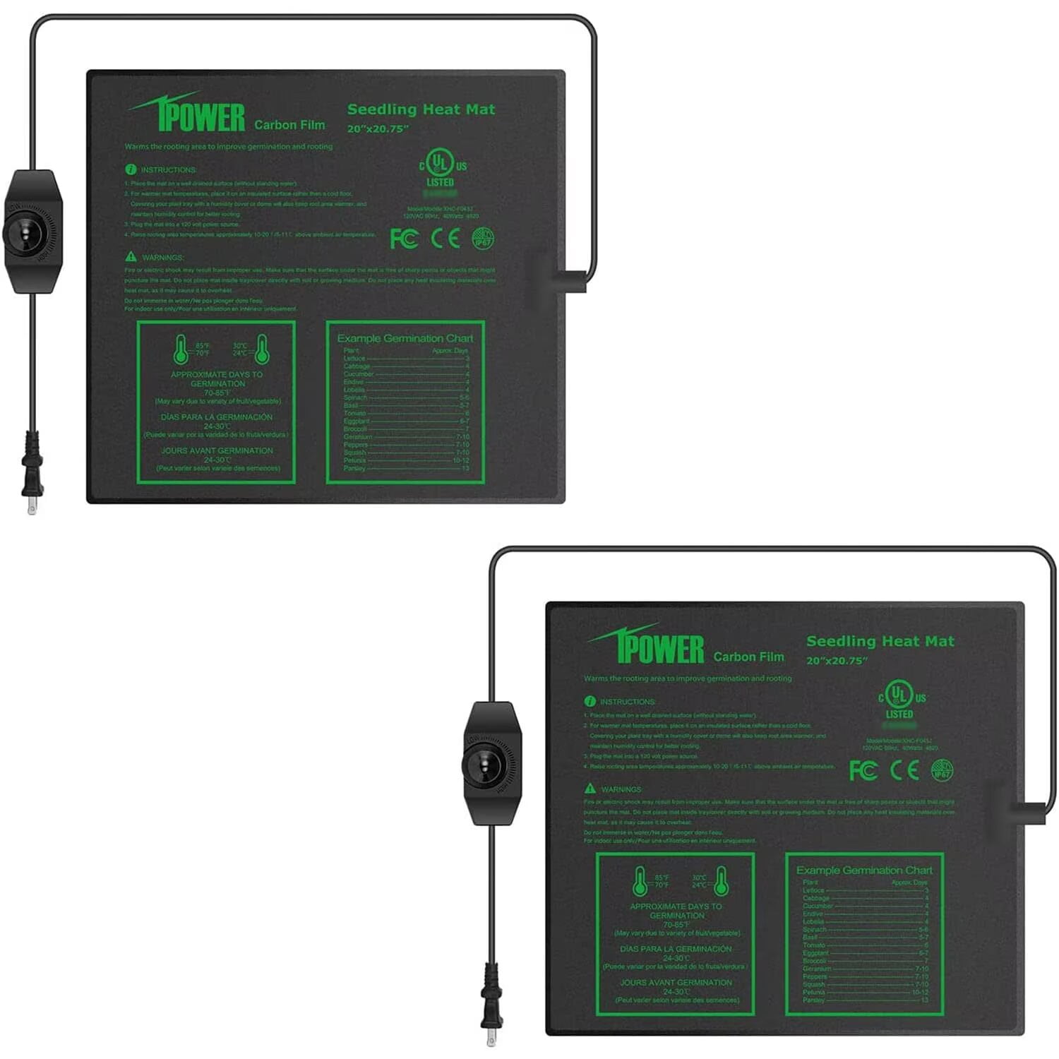 iPower 2 Pack 20" x 20.75" Seeding Heat Mat with Thermostat Temperature Adjustable Knob, Durable ...