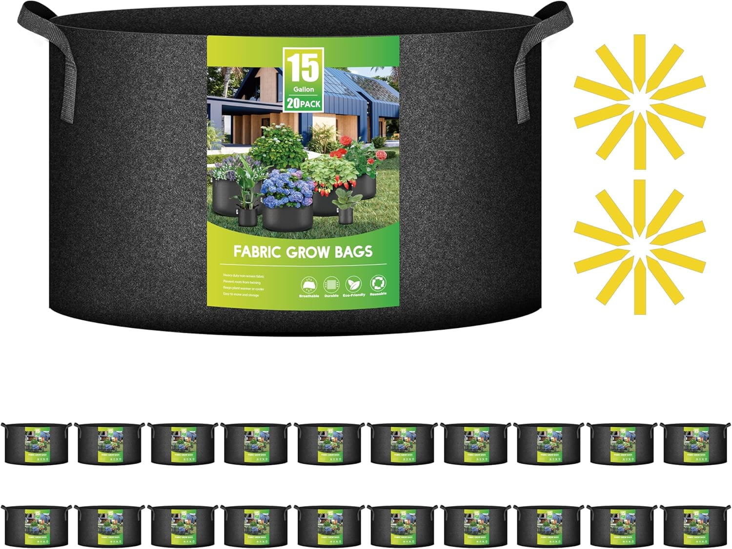 iPower 20-Pack 15 Gallon Grow Bags 300G Thick Nonwoven Aeration Fabric ...