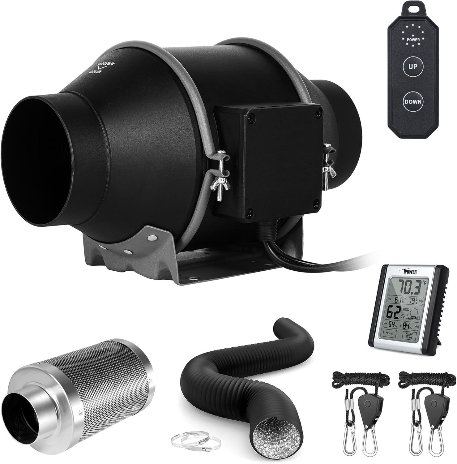 iPower 4" Inline 214 CFM Duct Fan with 10-Speed Controller, 8" Black ...