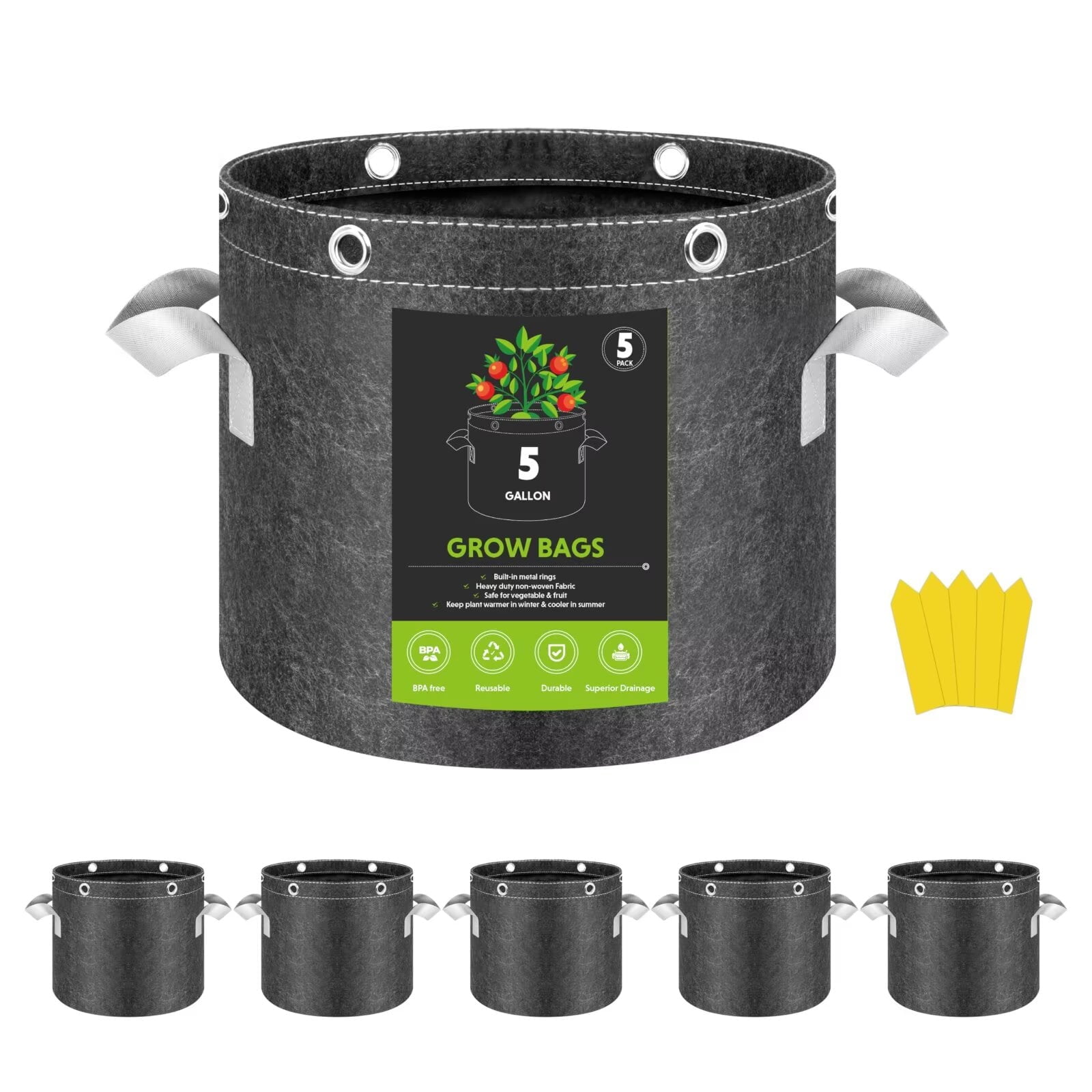 iPower 5-Pack 5 Gallon Plant Grow Bags, 400G Thick Nonwoven Fabric Pots ...