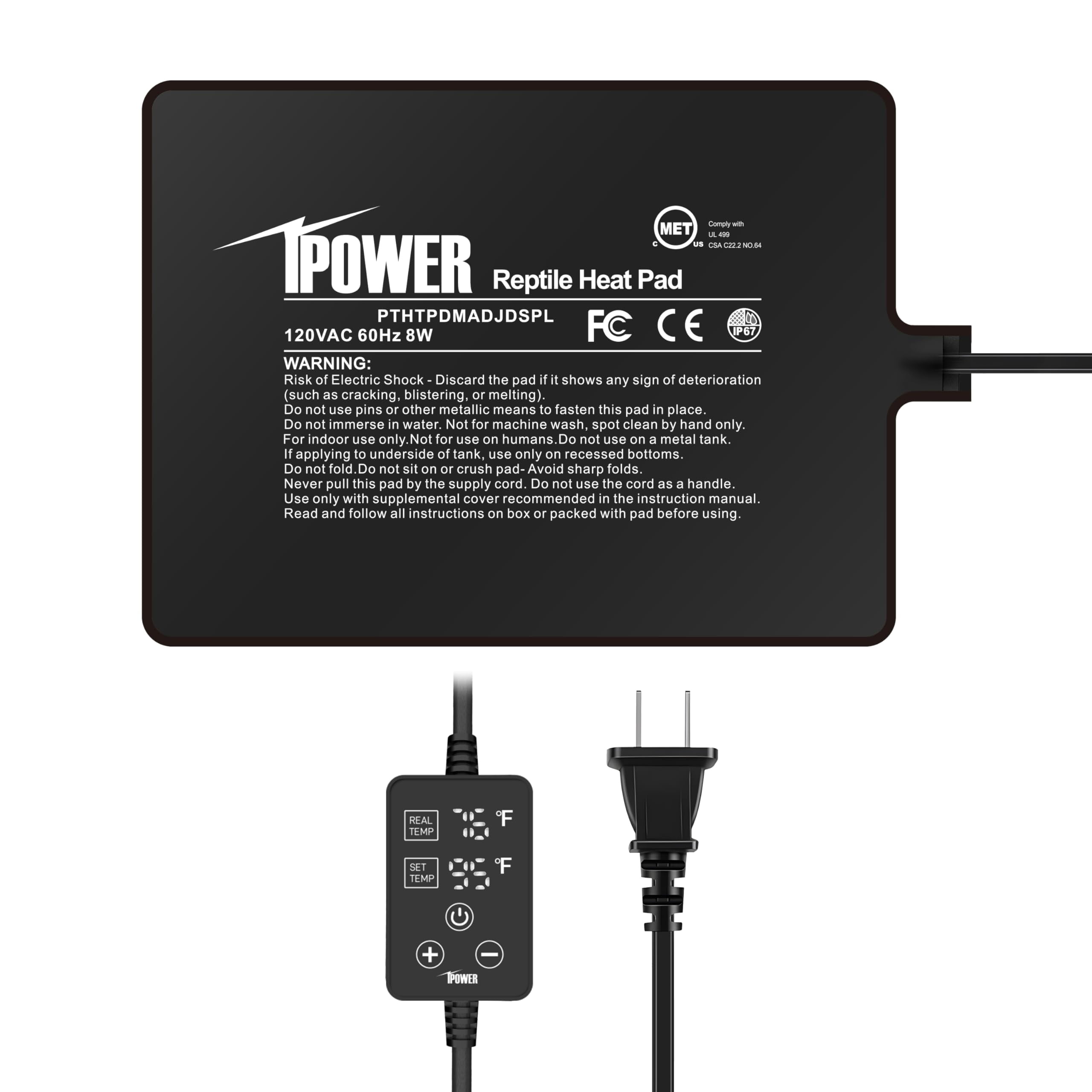 iPower 6 by 8 Inch 8W Reptile Heating Pad with Adjustable Thermostat, Under Tank Warmer ...