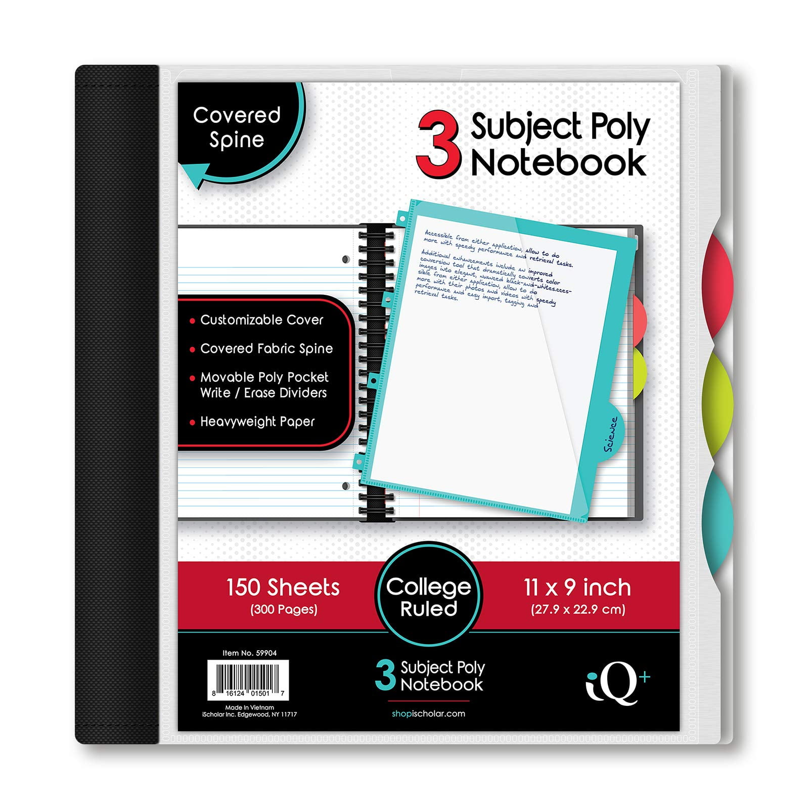 iQ 3-Subject Poly Cover Wirebound Notebook, College Ruled, 150 Sheets ...