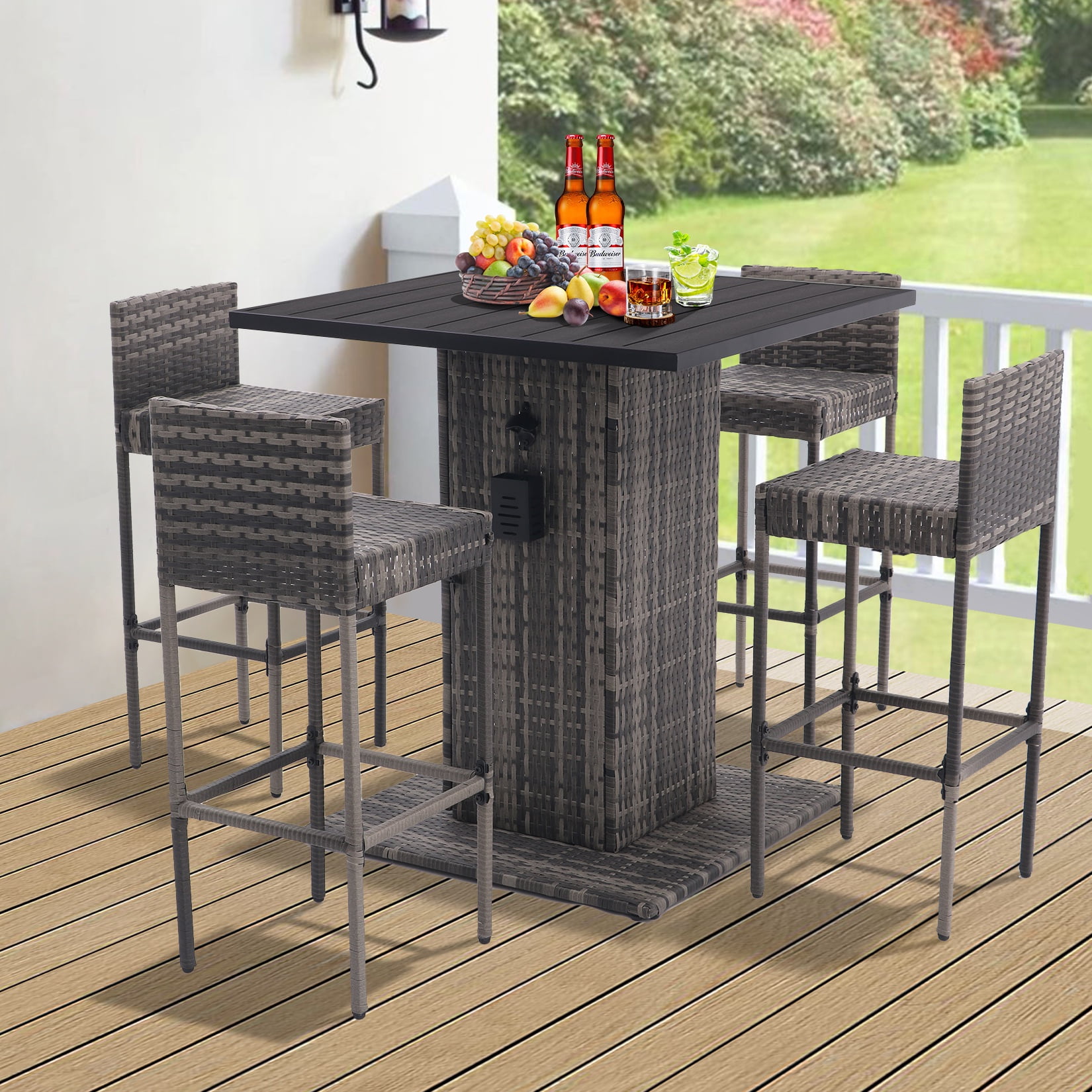 iRerts 5 Piece Patio Bar Set, Wicker Outdoor High Top Table and Chairs ...