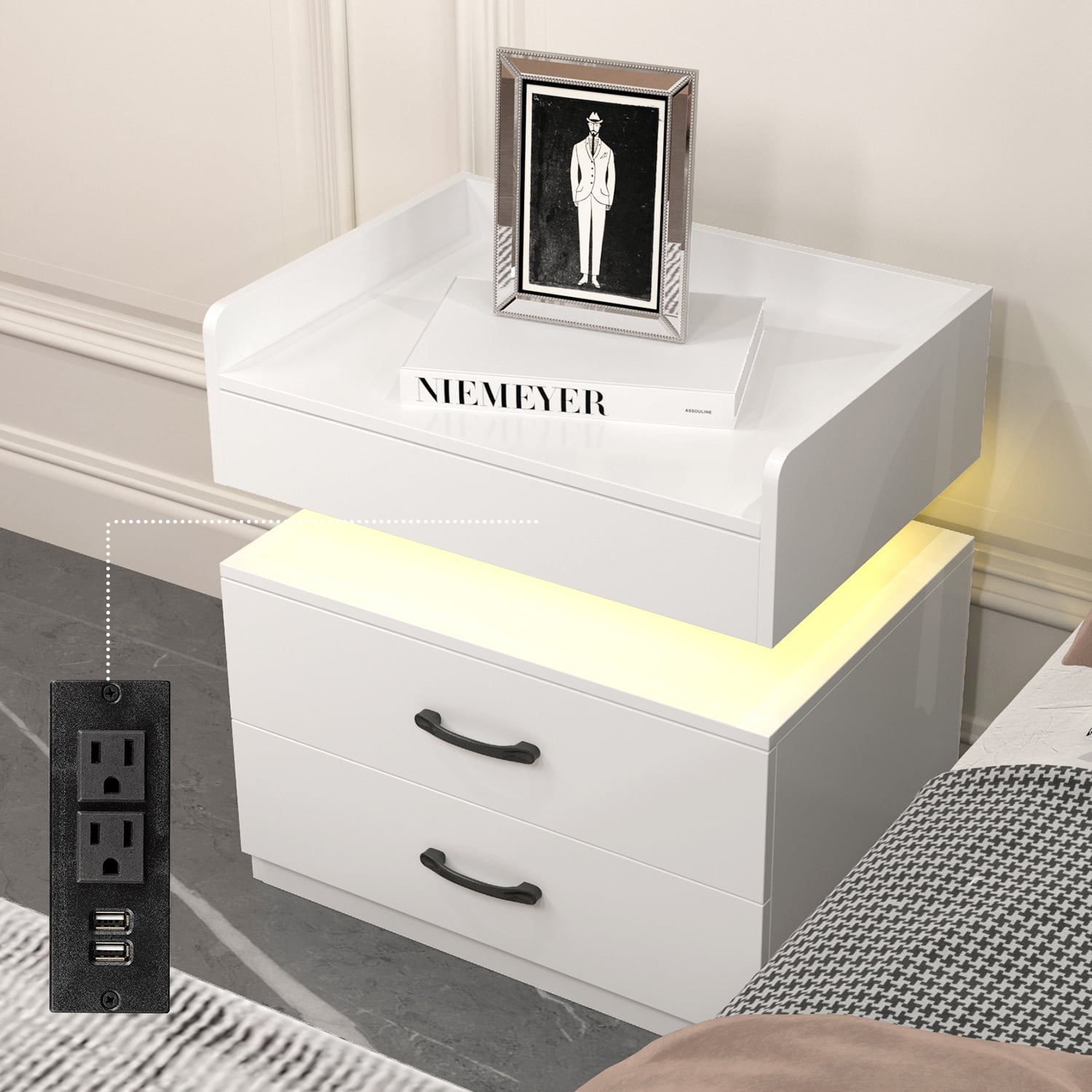 iRerts Bedside Table with Charging Station, Wood High Gloss Nightstand ...