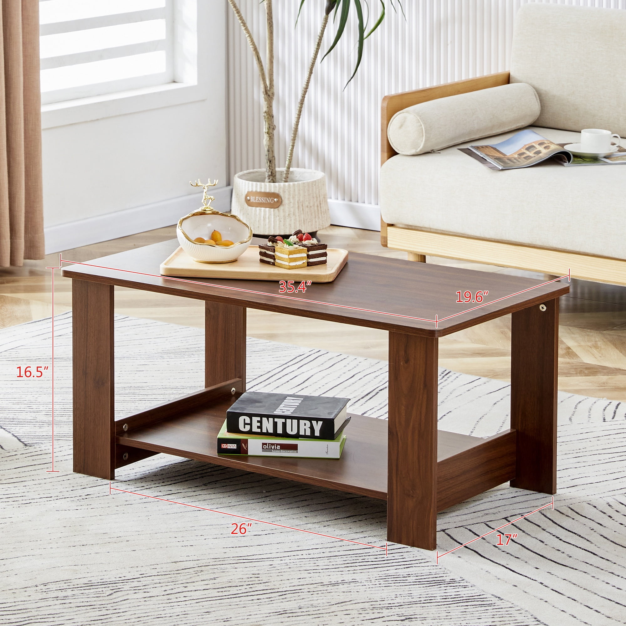 iRerts Coffee Tables for Living Room, 2 Tier Modern Rectangular Wood Coffee Table with Storage ...