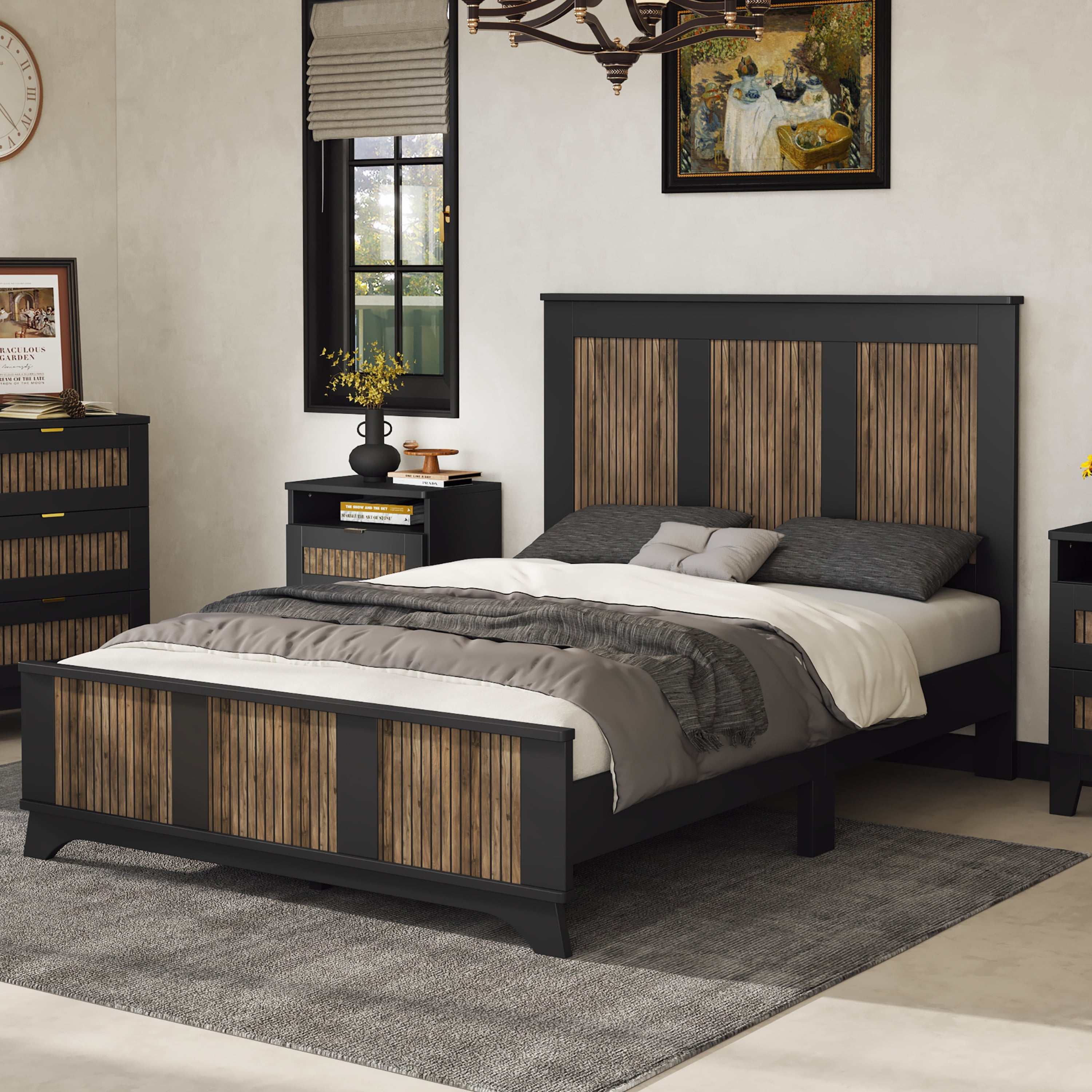 iRerts Full Platform Bed Frame with Headboard, Farmhouse Wooden Full ...