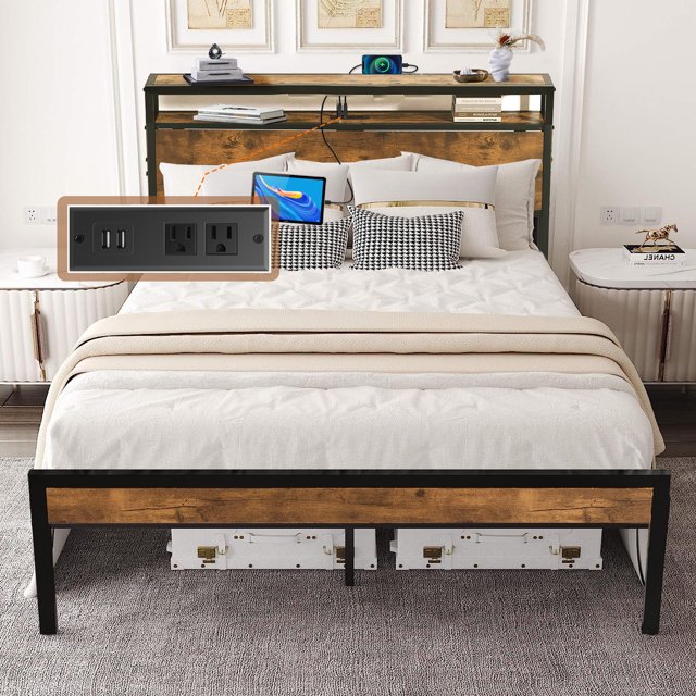 iRerts Full Metal Bed Frame with Storage, USB Ports, No Box Spring ...