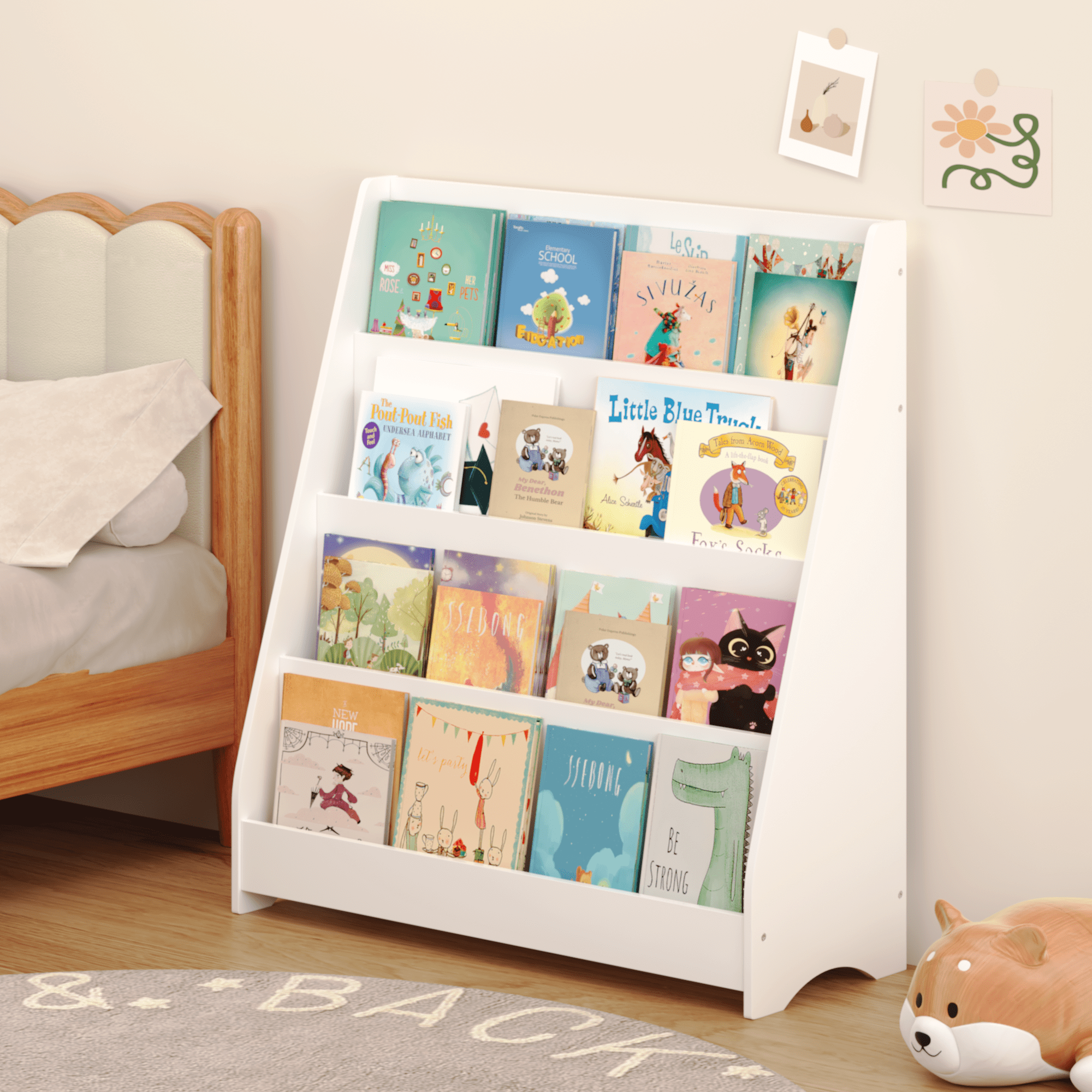 iRerts Kids Bookshelf, Wood 4 Tier Kids Bookcase Sling Book Rack Book ...