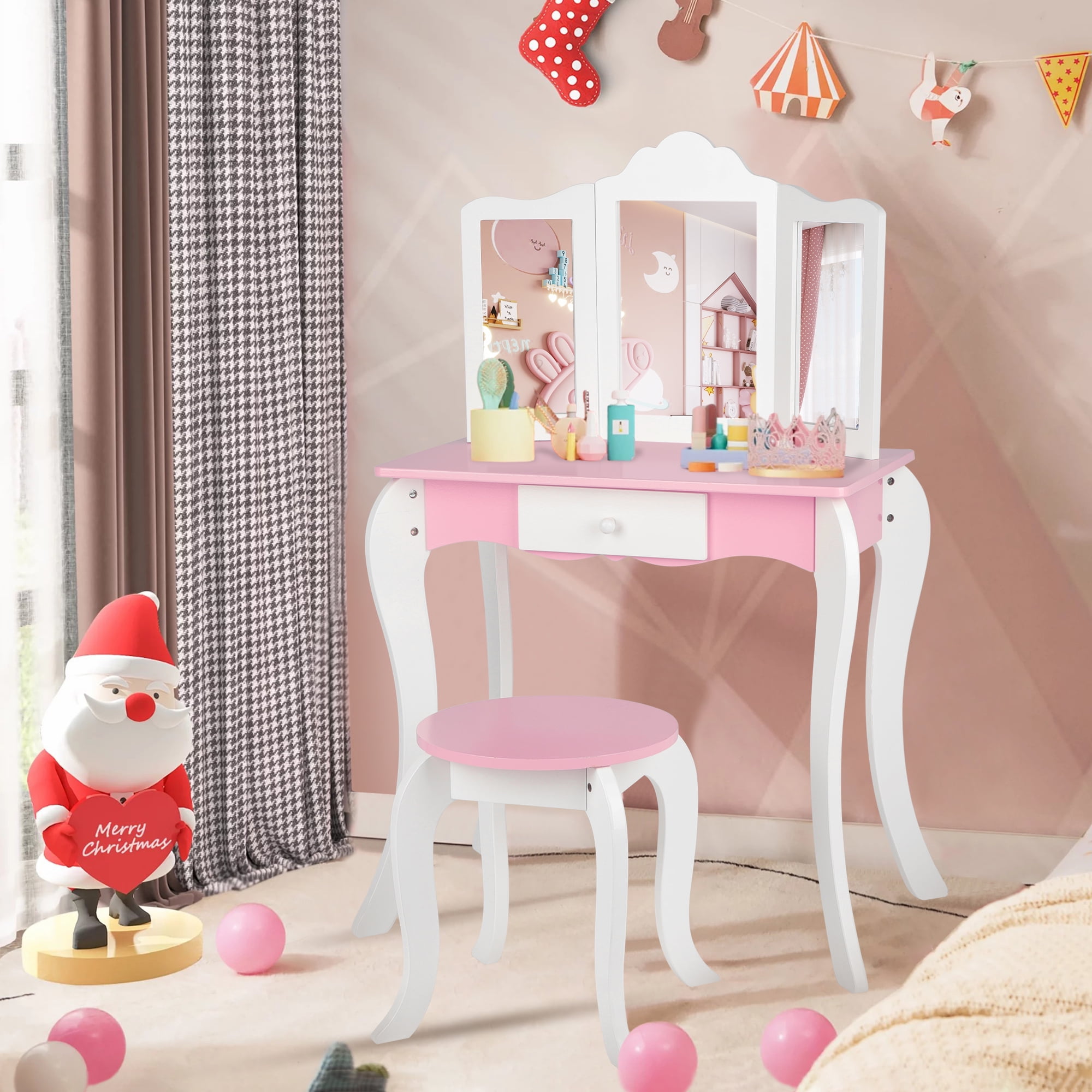 iRerts Wooden Kids Vanity Set with Mirror, Stool & Storage Drawer, Pink ...