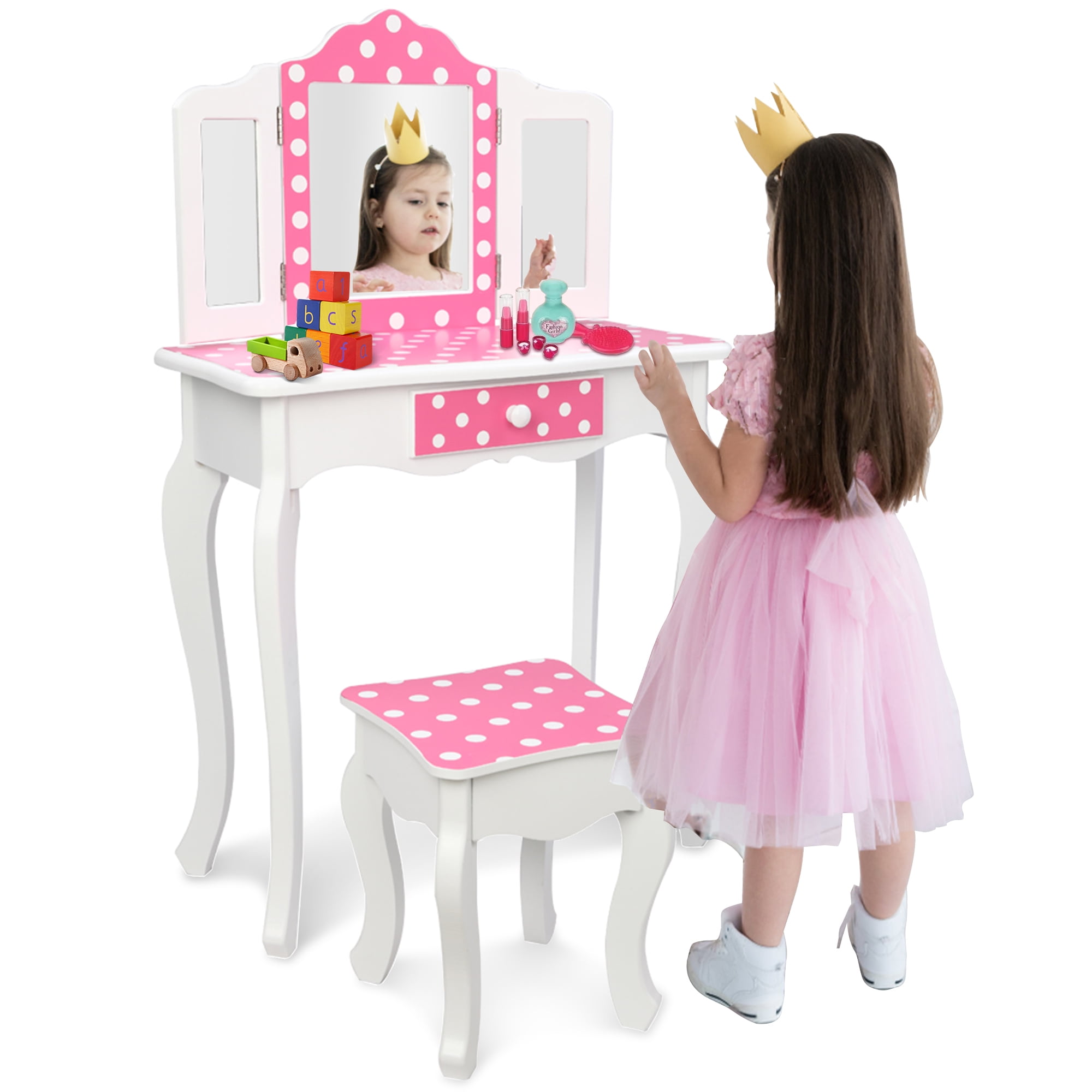 iRerts Kids Vanity with Fold 3 Mirror Girls Vanity Table Princess ...
