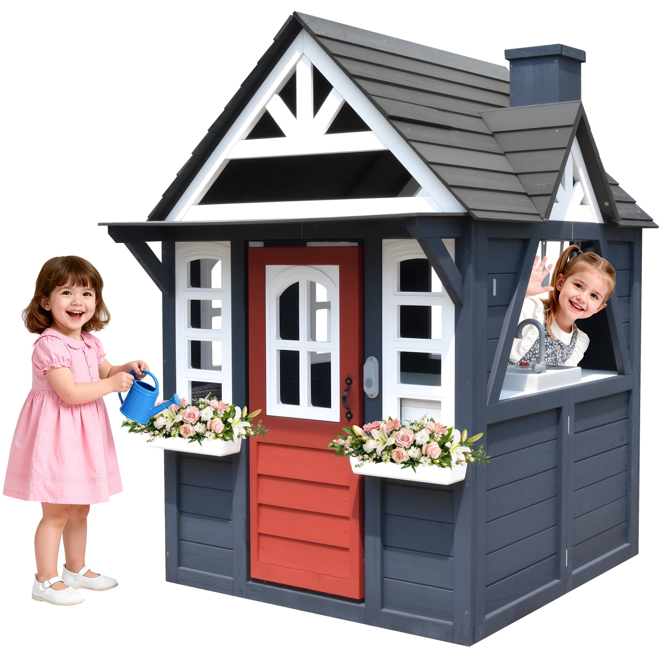iRerts Kids Wooden Outdoor Playhouse, 4-in-1 Game House with Door ...