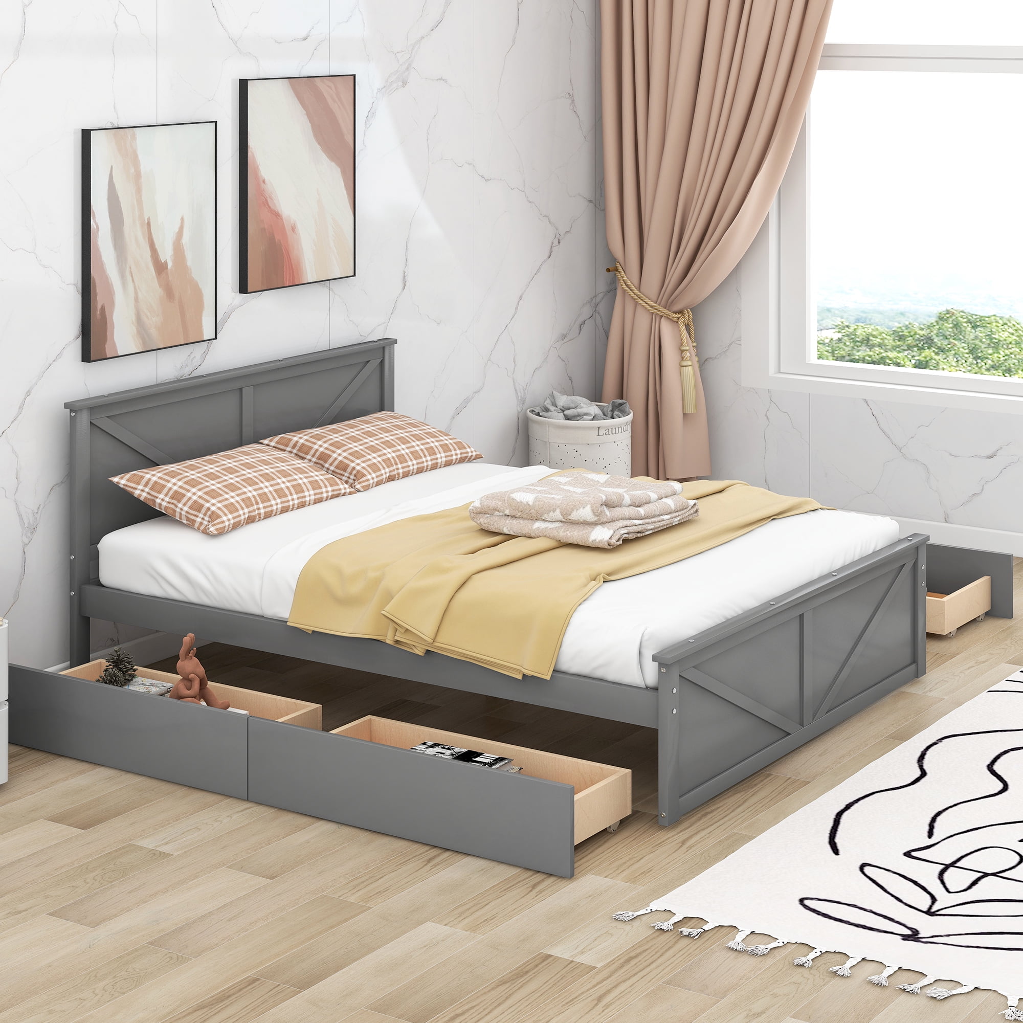 iRerts Queen Bed Frame with Headboard, Solid Wood Queen Platform Bed ...