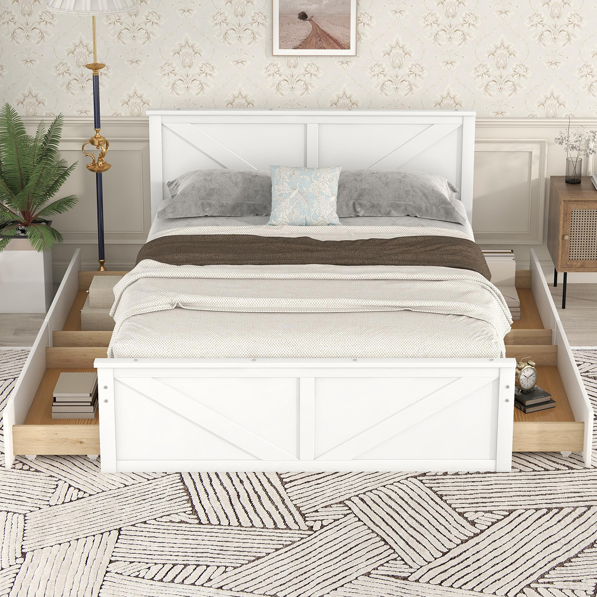 iRerts Queen Platform Bed Frame with 4 Storage Drawers, Wood Queen Bed ...