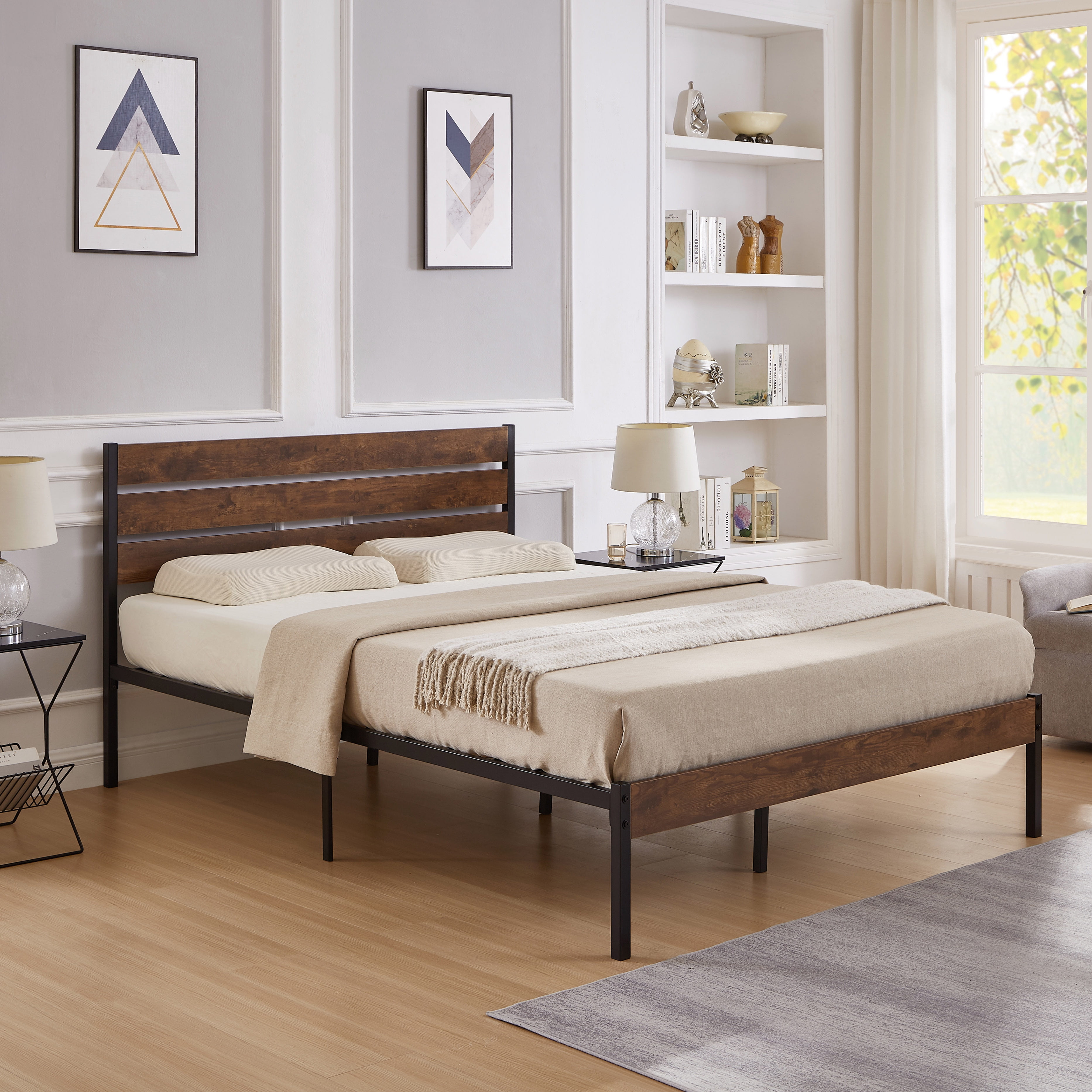 Full Bed Frame with Wood Headboard, Metal Frame Full Platform Bed Frame ...