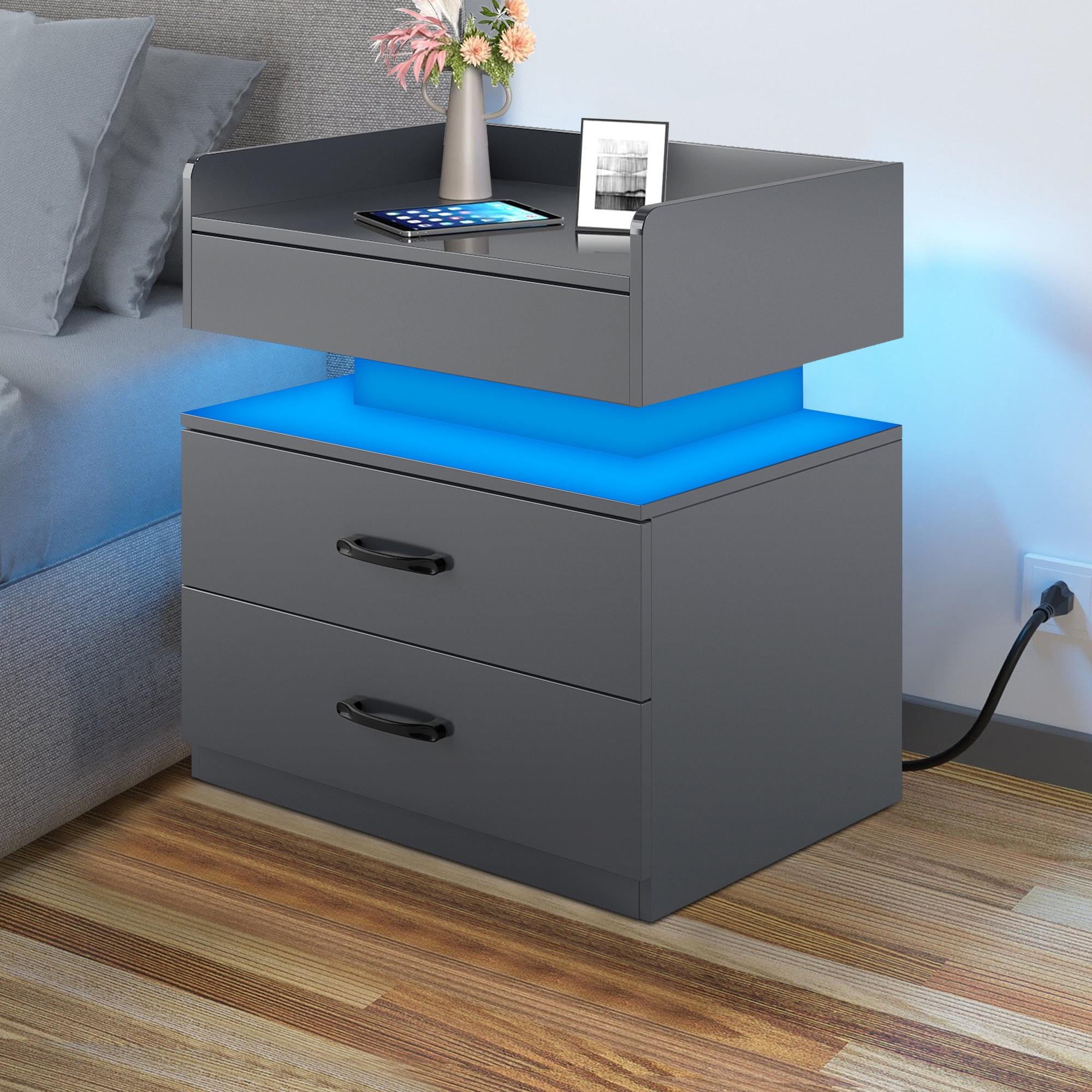 iRerts Power Charger Night Stand with LED Lights, 2 USB Ports, Drawers ...