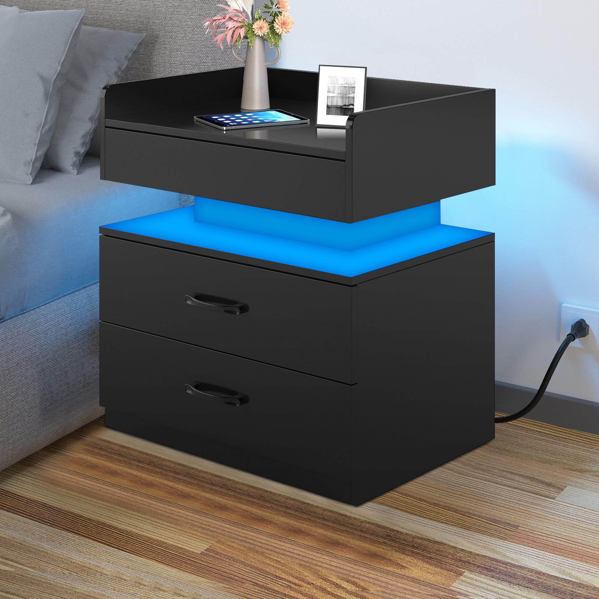 iRerts Black Nightstand with Charger Power, LED Lamp, Drawers, and USB ...