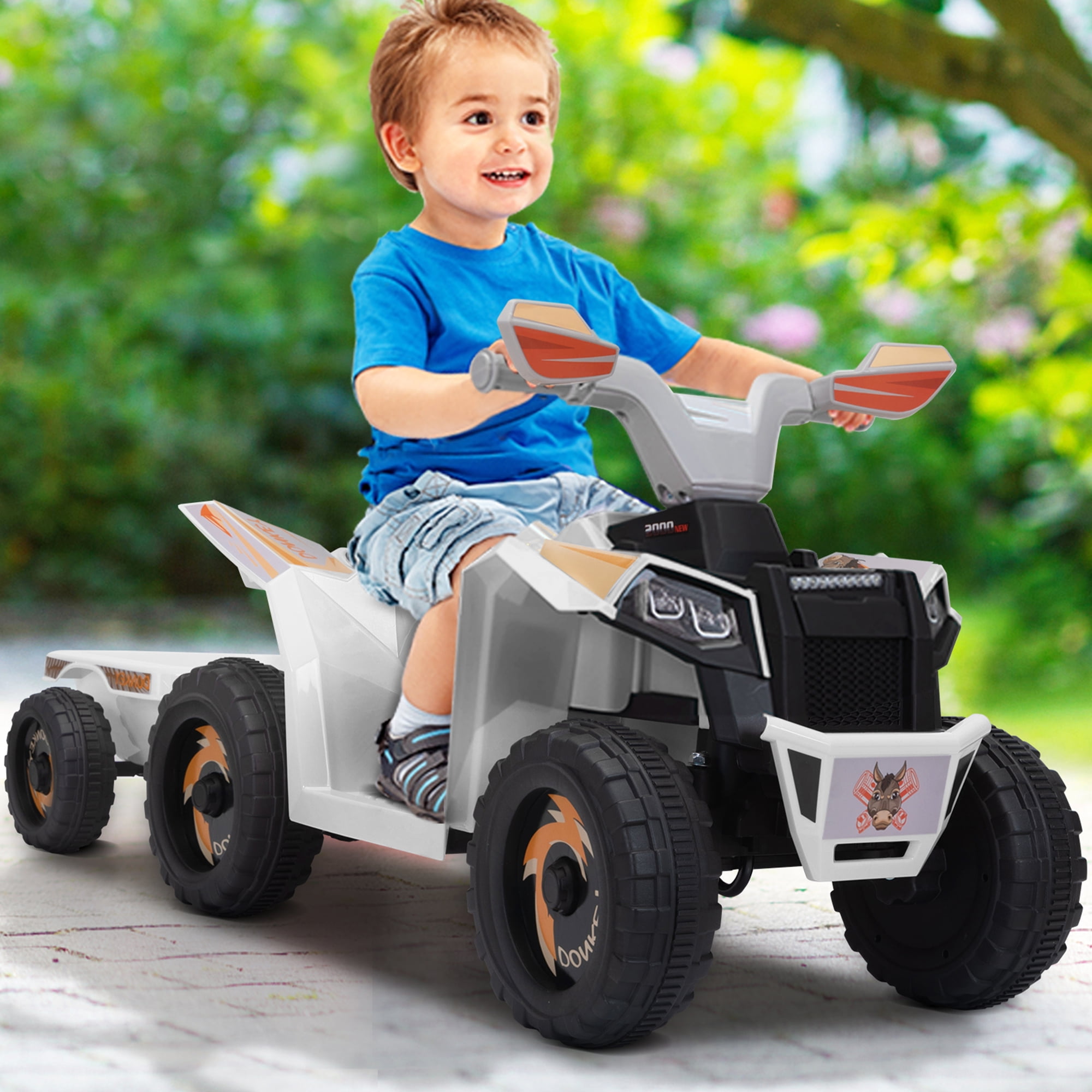 iRerts White 6V Battery Powered Ride On Car ATV with Trailer, Kids ...