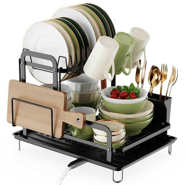 iSPECLE 2 Tier Dish Drying Rack with Drainboard, Kitchen Counter ...